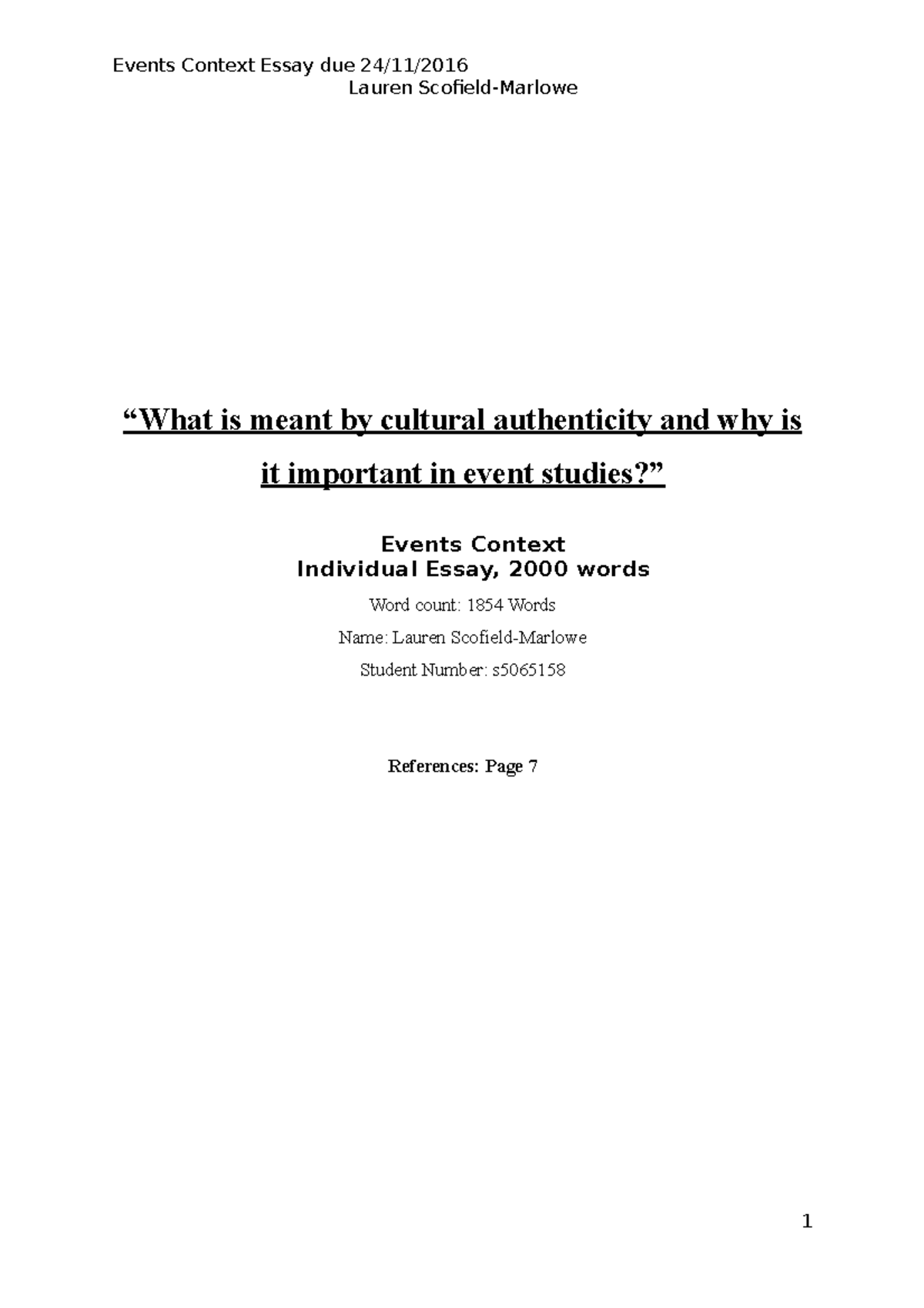 Assignment - Events Context Essay: Cultural Authenticity - Events ...