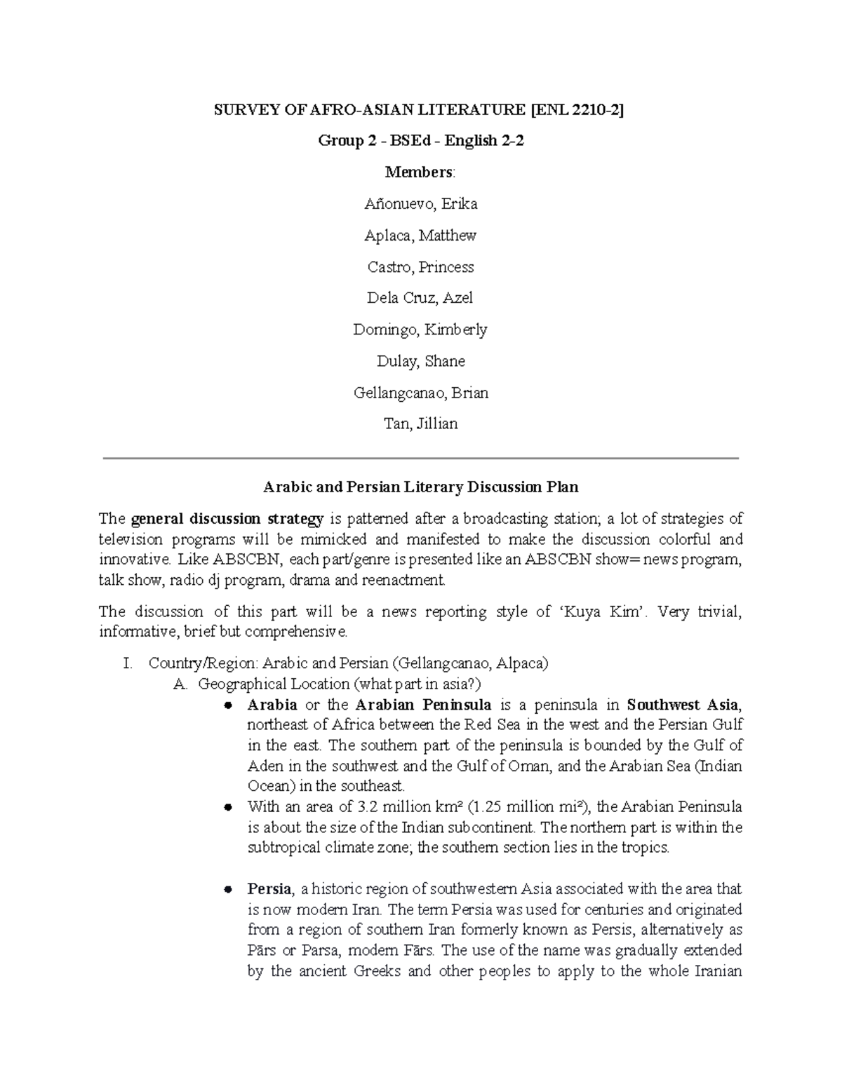 Group 2 Arabic and Persian Literary Discussion Plan - SURVEY OF AFRO ...