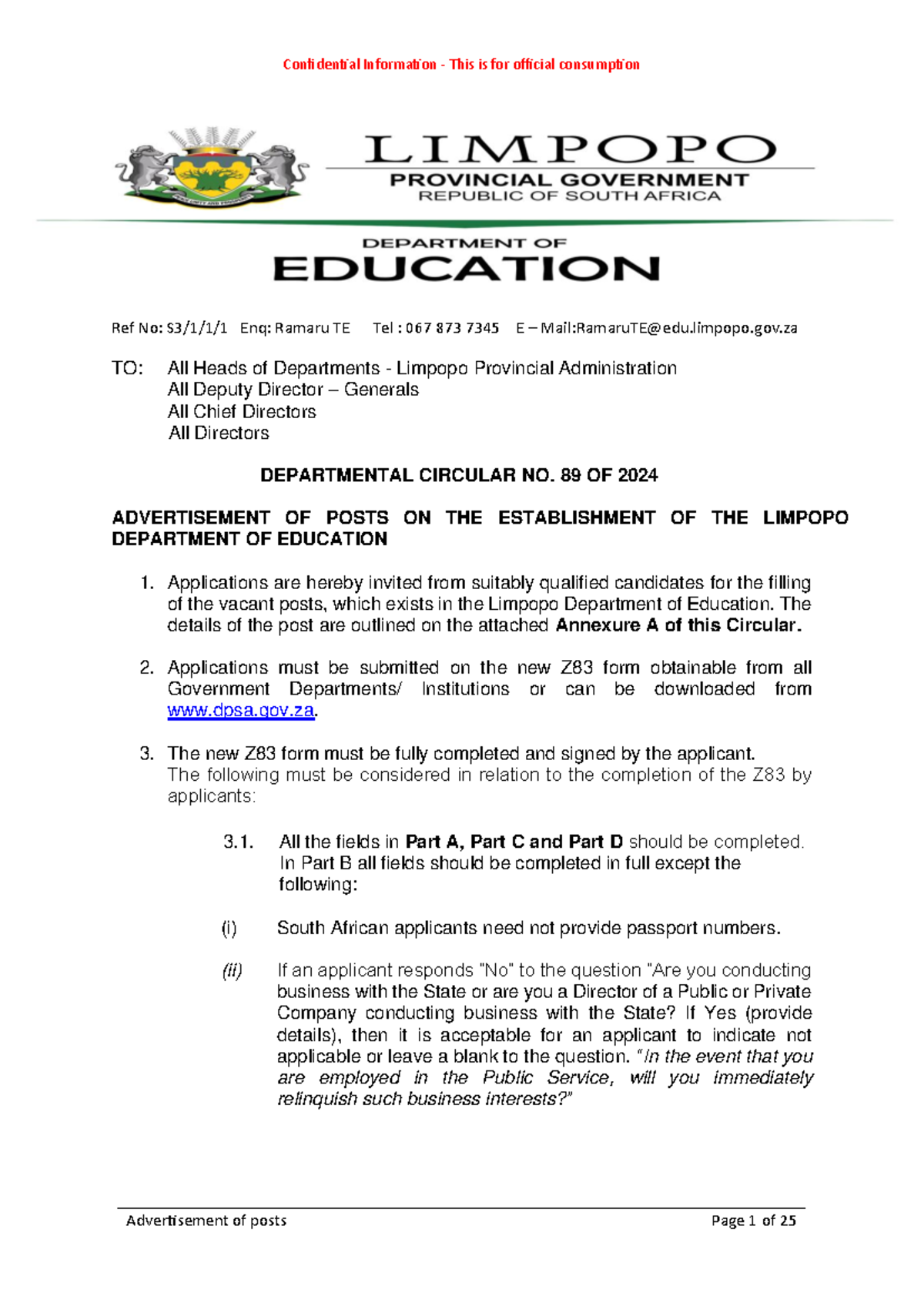 Departmental Circular no. 89 of 2024 advertisement of posts 20240506 ...