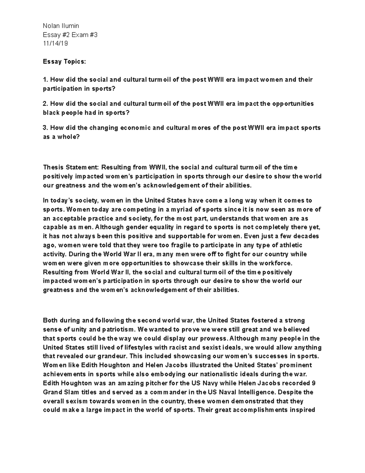 Sports History Exam Essay #2 - Nolan Ilumin Essay #2 Exam # 11/14 ...