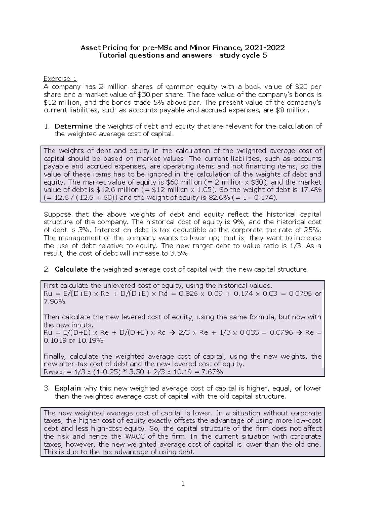 AP tutorial exercises 2021-2022 cycle 5 - answers - Asset Pricing for ...