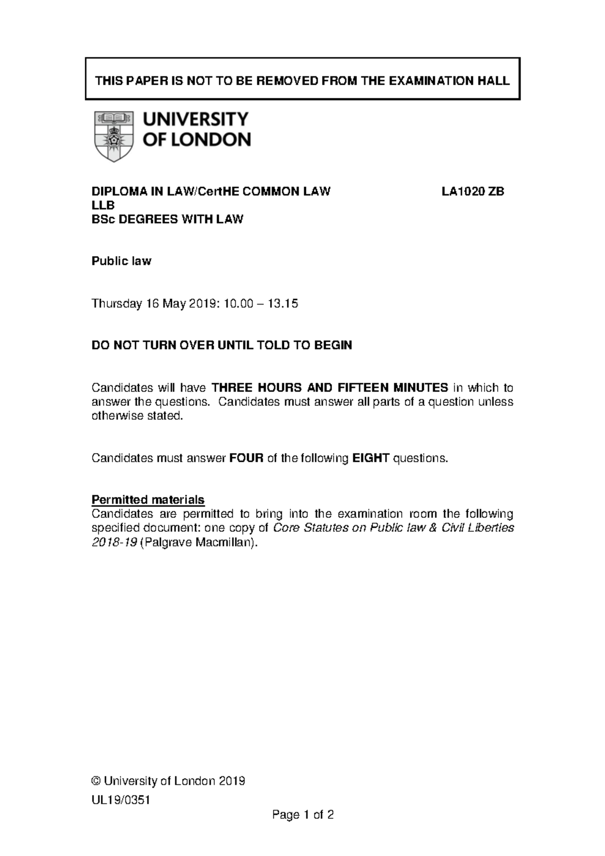 Public exam 2019 B - Law-related case laws and their discription - UL19 ...