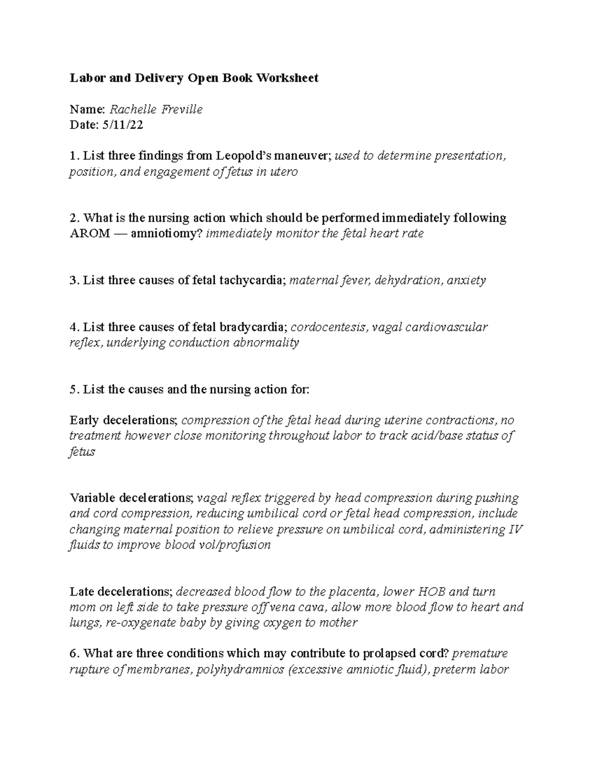 L&D worksheet - Labor and Delivery Open Book Worksheet Name: Rachelle ...