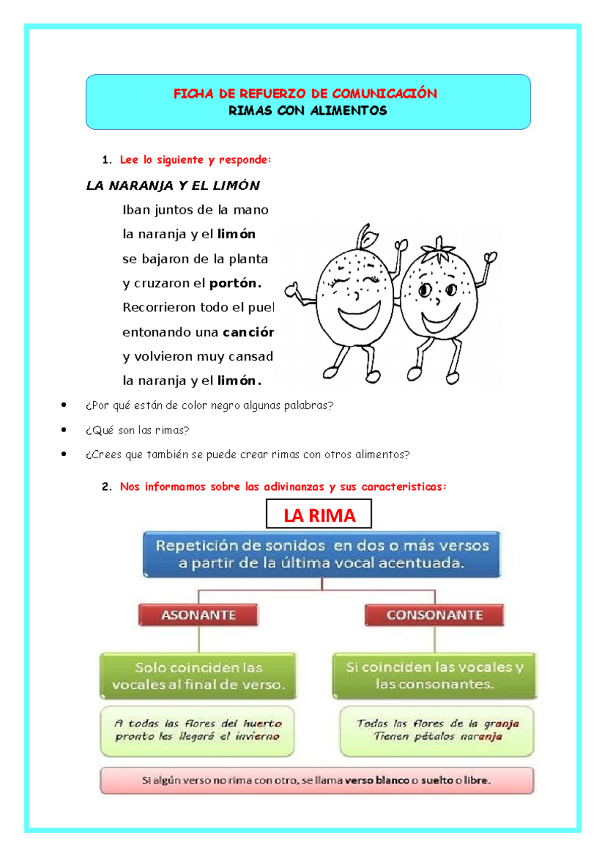 F. Refuerzo COMU Rimas - FICHA DE TRABAJO - Lee lo siguiente y responde ...