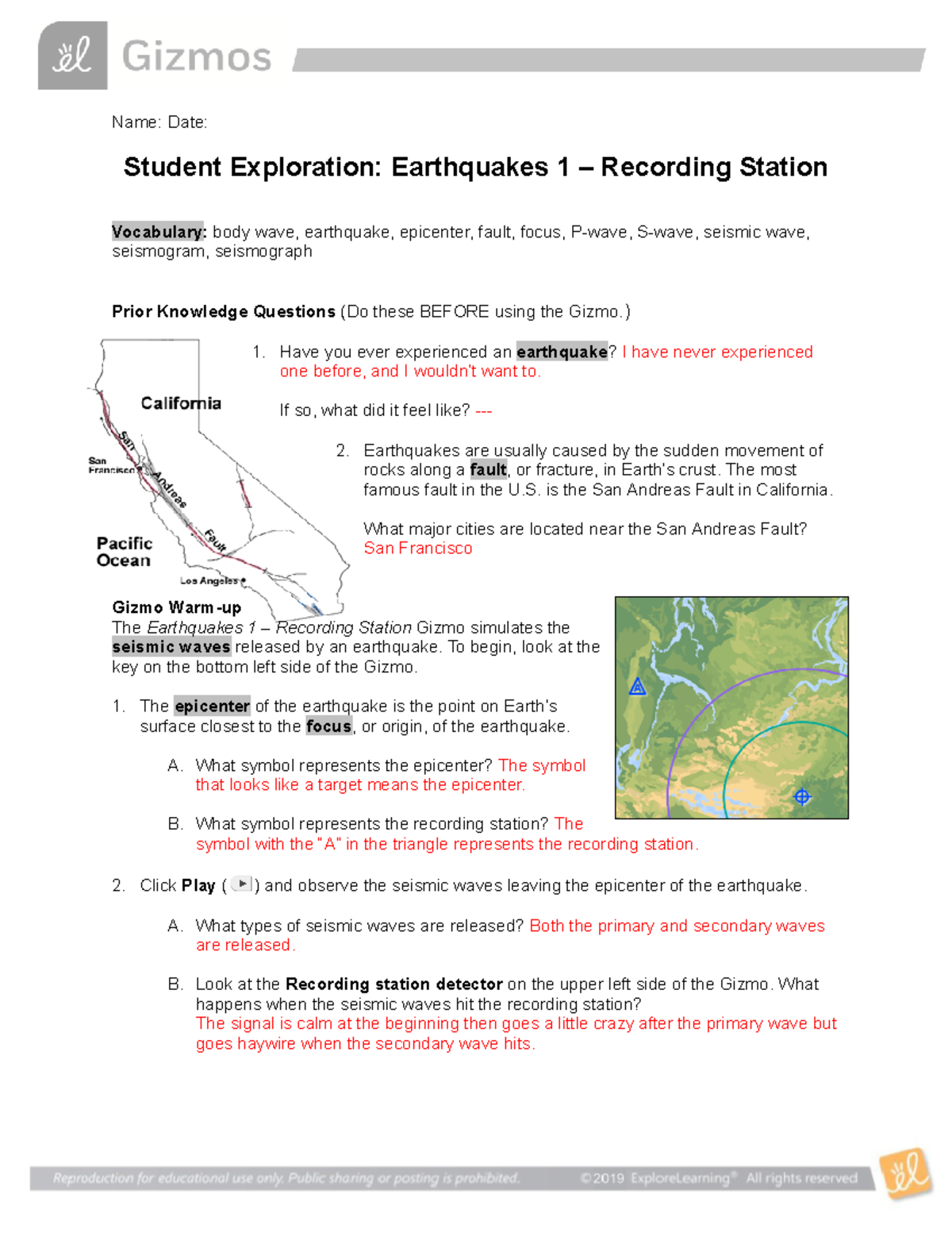 Earthquakes Recording - Name: Date: Student Exploration: Earthquakes 1 ...