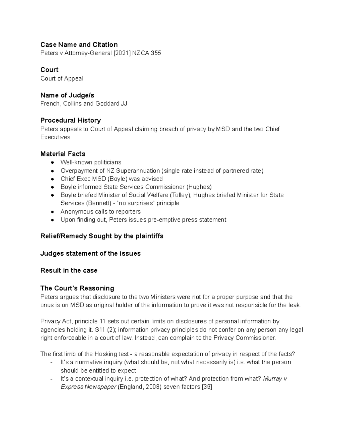 Peters v Attorney-General Case Brief - Case Name and Citation Peters v ...