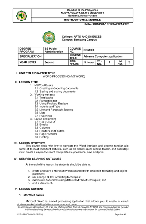 IM 3 - MSWord part 2 - mod - NUEVA VIZCAYA STATE UNIVERSITY Bambang, Nueva Vizcaya INSTRUCTIONAL ...
