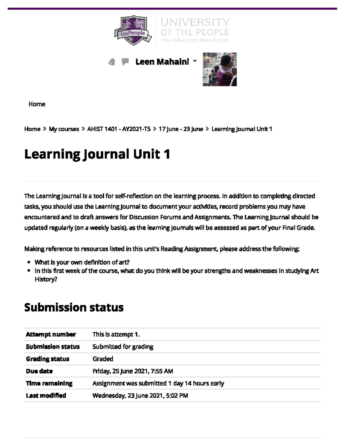 Learning Journal Unit 1 - AHIST 1401 - StuDocu