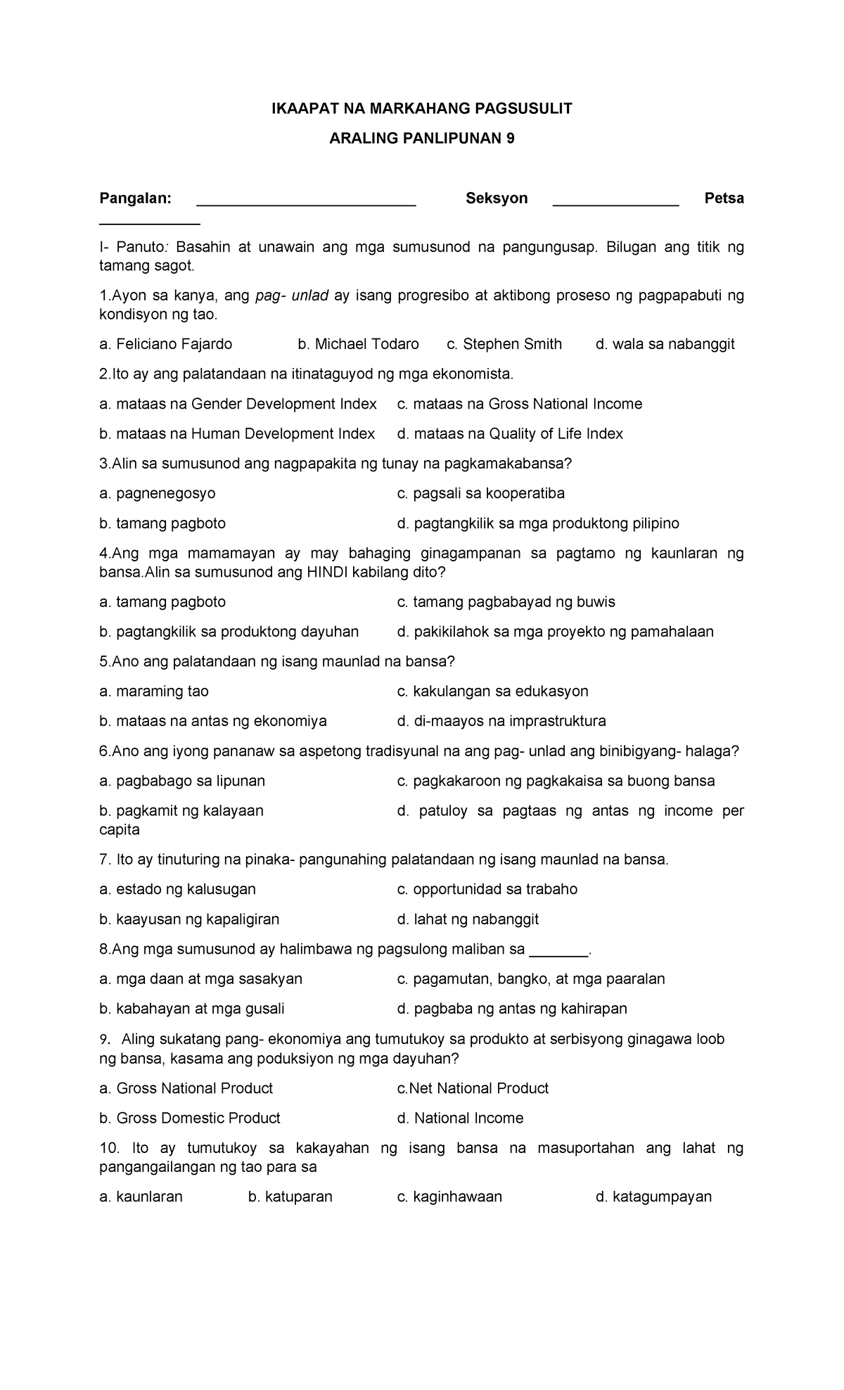Ikaapat NA Markahang Pagsusulit - IKAAPAT NA MARKAHANG PAGSUSULIT ...
