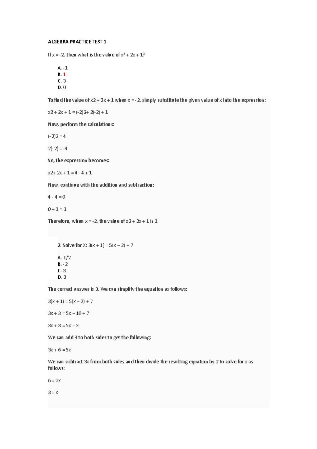 Algebra Practice TEST 1 - ALGEBRA PRACTICE TEST 1 If x = -2, then what ...