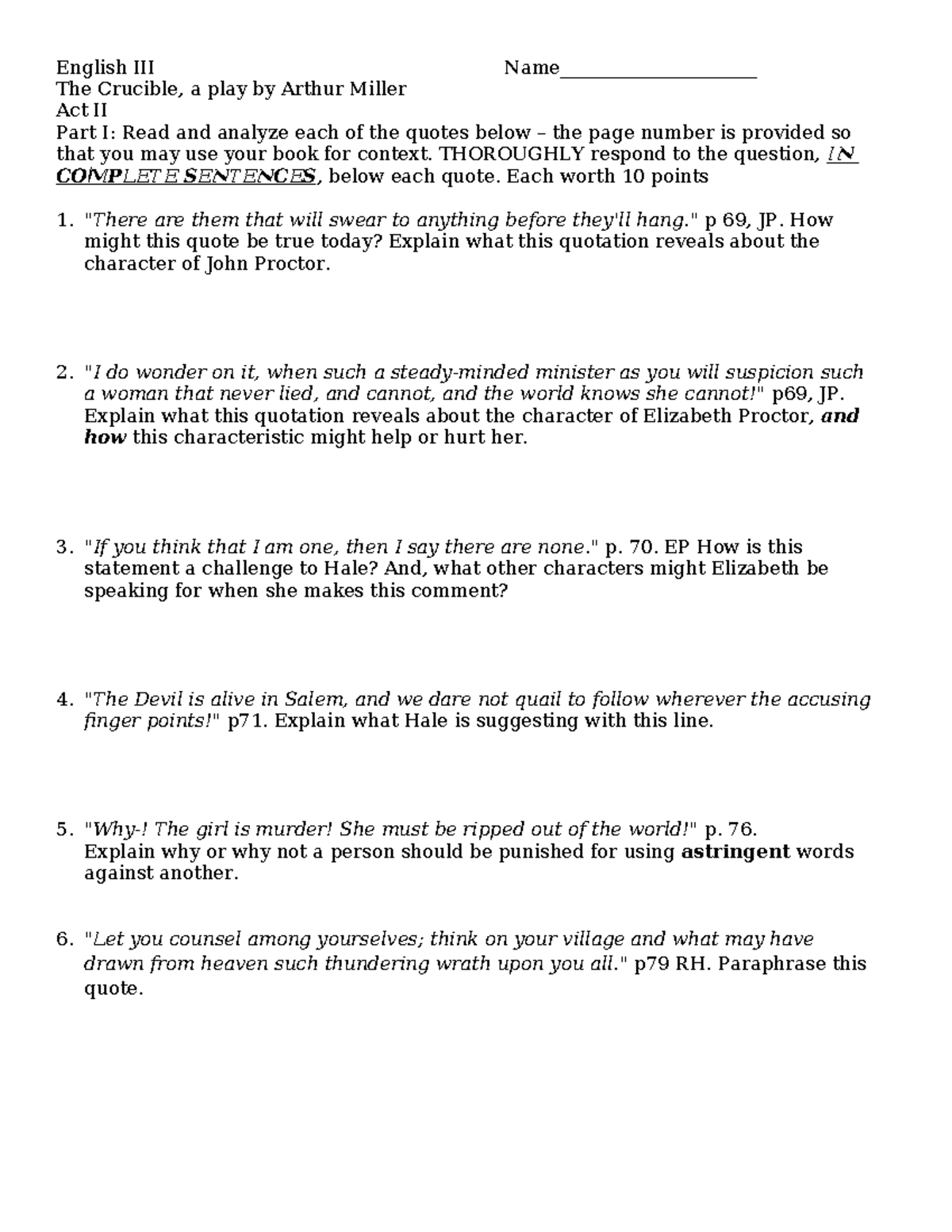 Crucible Act 2 - THe cruciable - English III Name ...