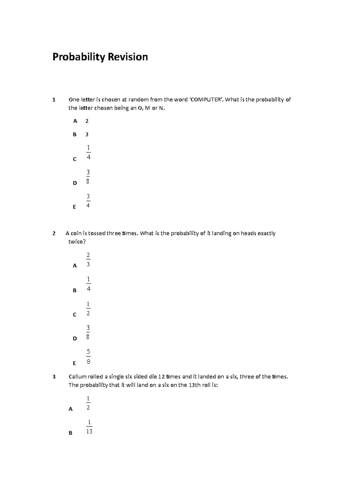 Maths Sem 2 Exam Revision - Probability Revision 1 One letter is chosen ...