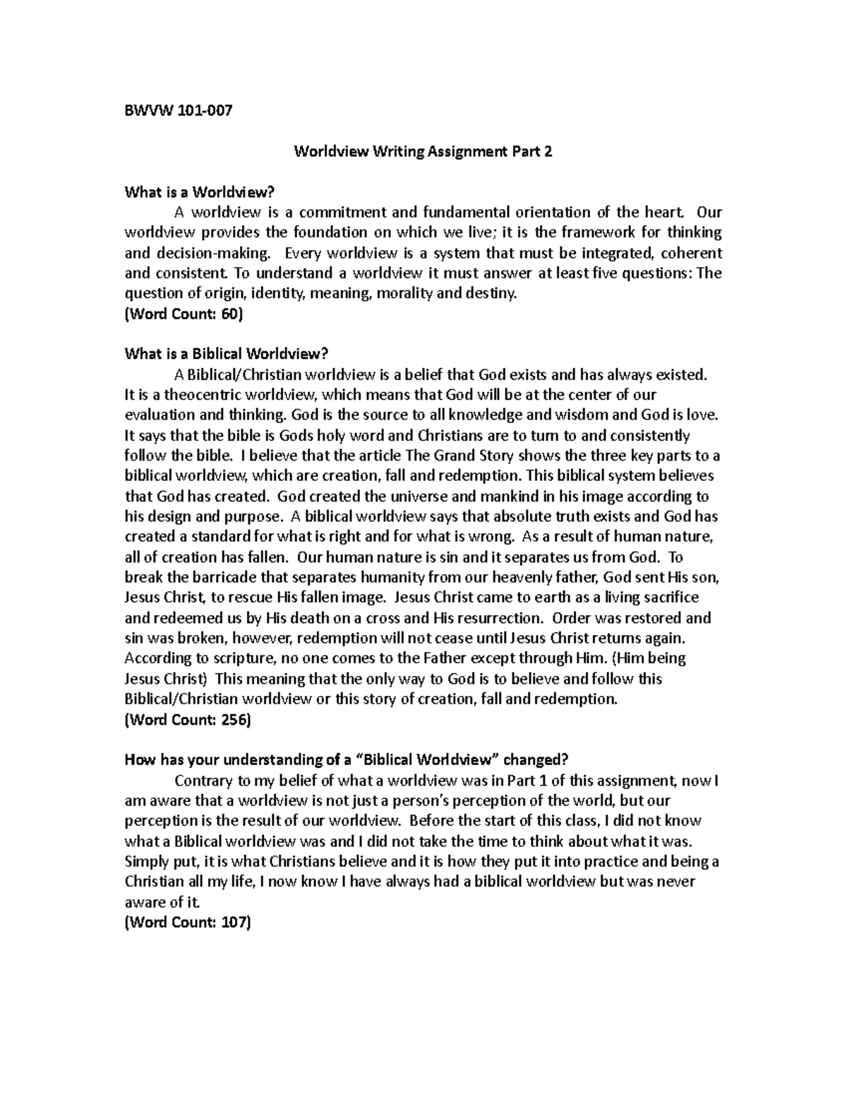BWVW 101 Assignment part 2 - BWVW 101- Worldview Writing Assignment ...
