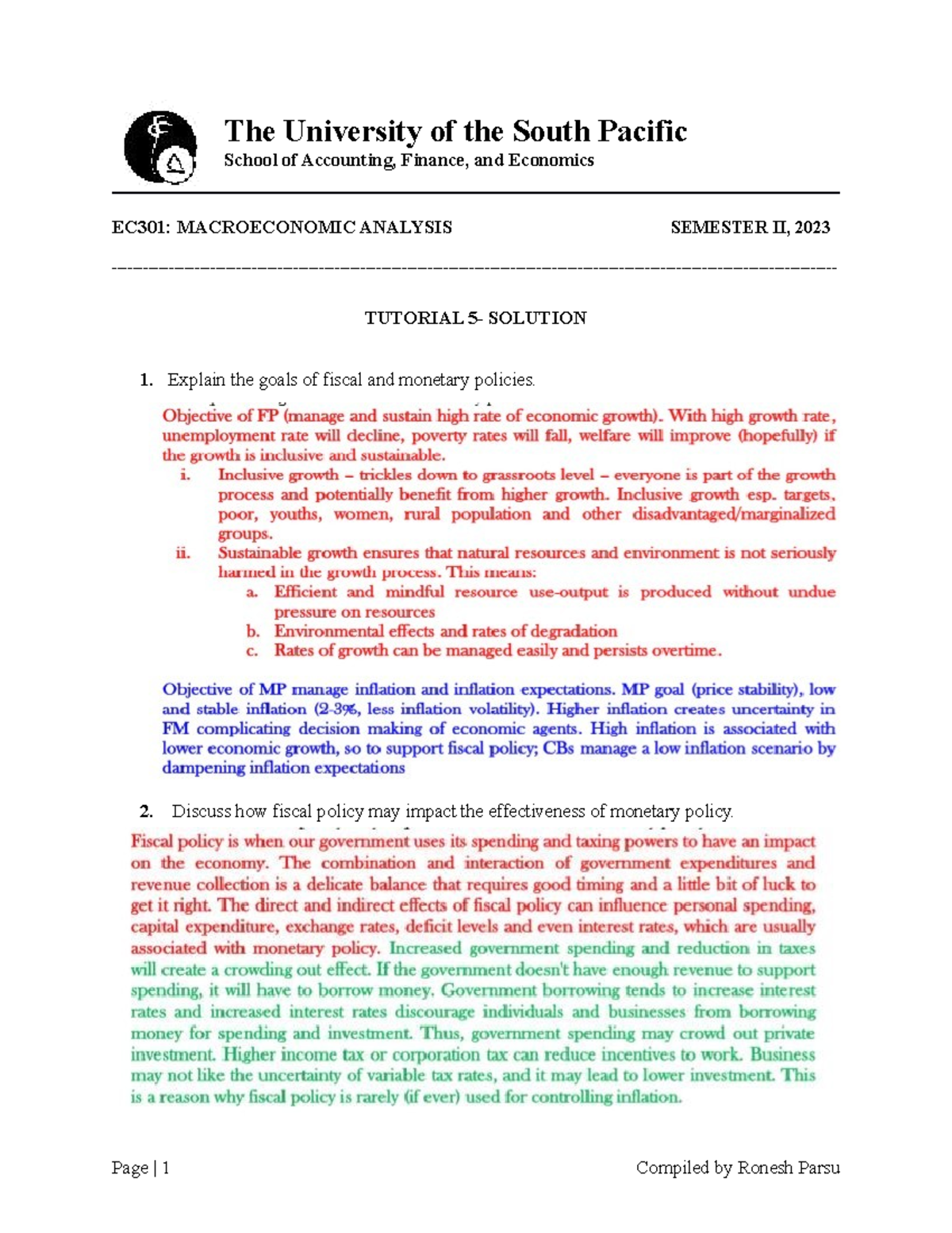 Tutorial 5 2023- solution - The University of the South Pacific School ...