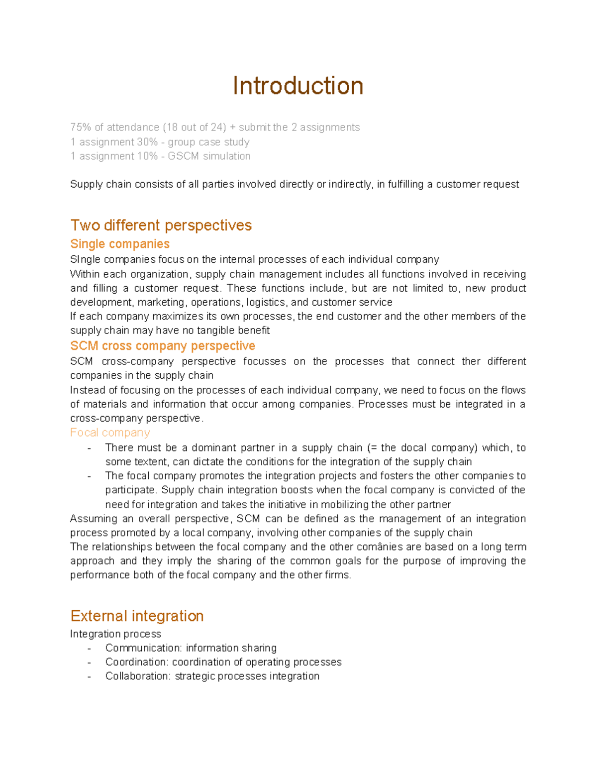 SC Management Notes - Introduction 75% of attendance (18 out of 24 ...
