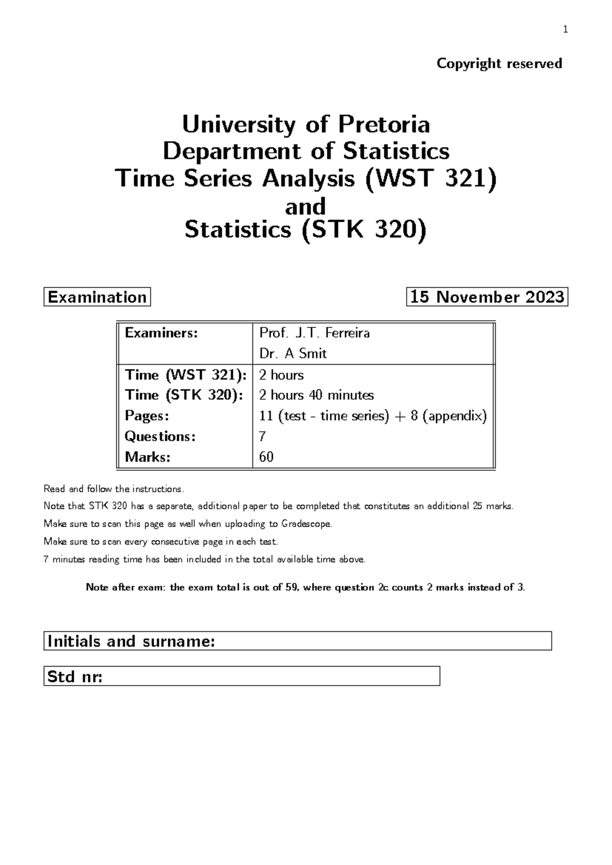WST 321 Exam and memo 2023 for time series analysis - Copyright ...