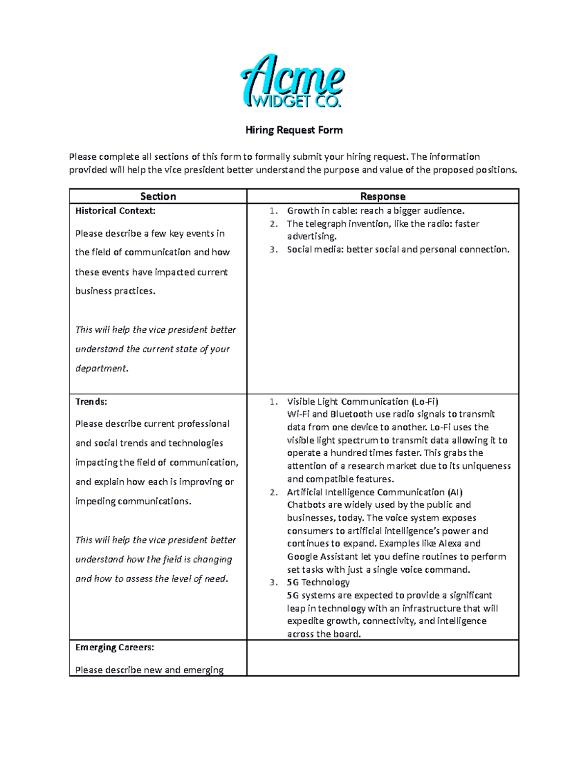 COM127-Milestone One - Hiring Request Form Please complete all sections ...