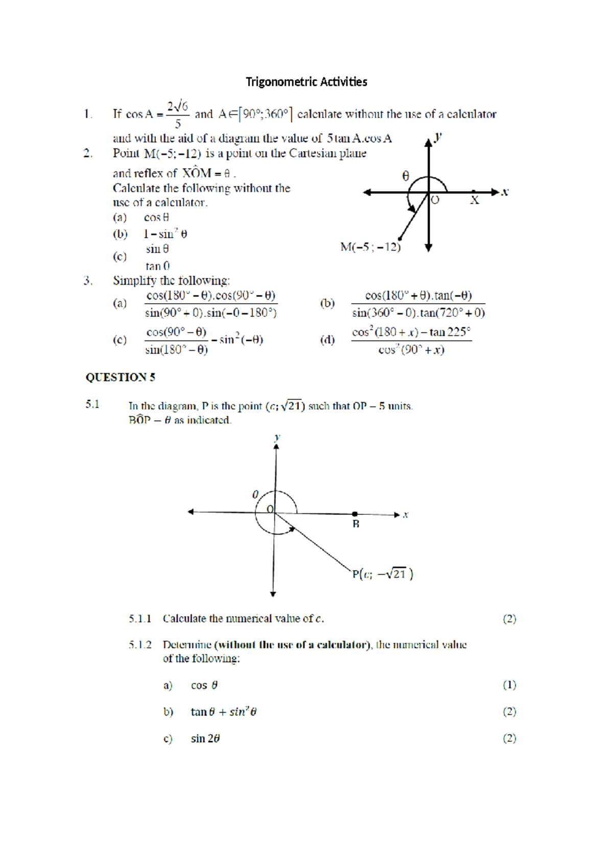 Trigonometric Activities 081454 - Trigonometric Activities 1. If cos A ...