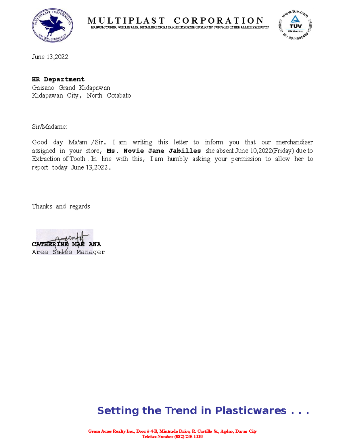 Excuse Letter - MANUFACTURER, WHOLESALER, RETAILER EXPORTER AND ...
