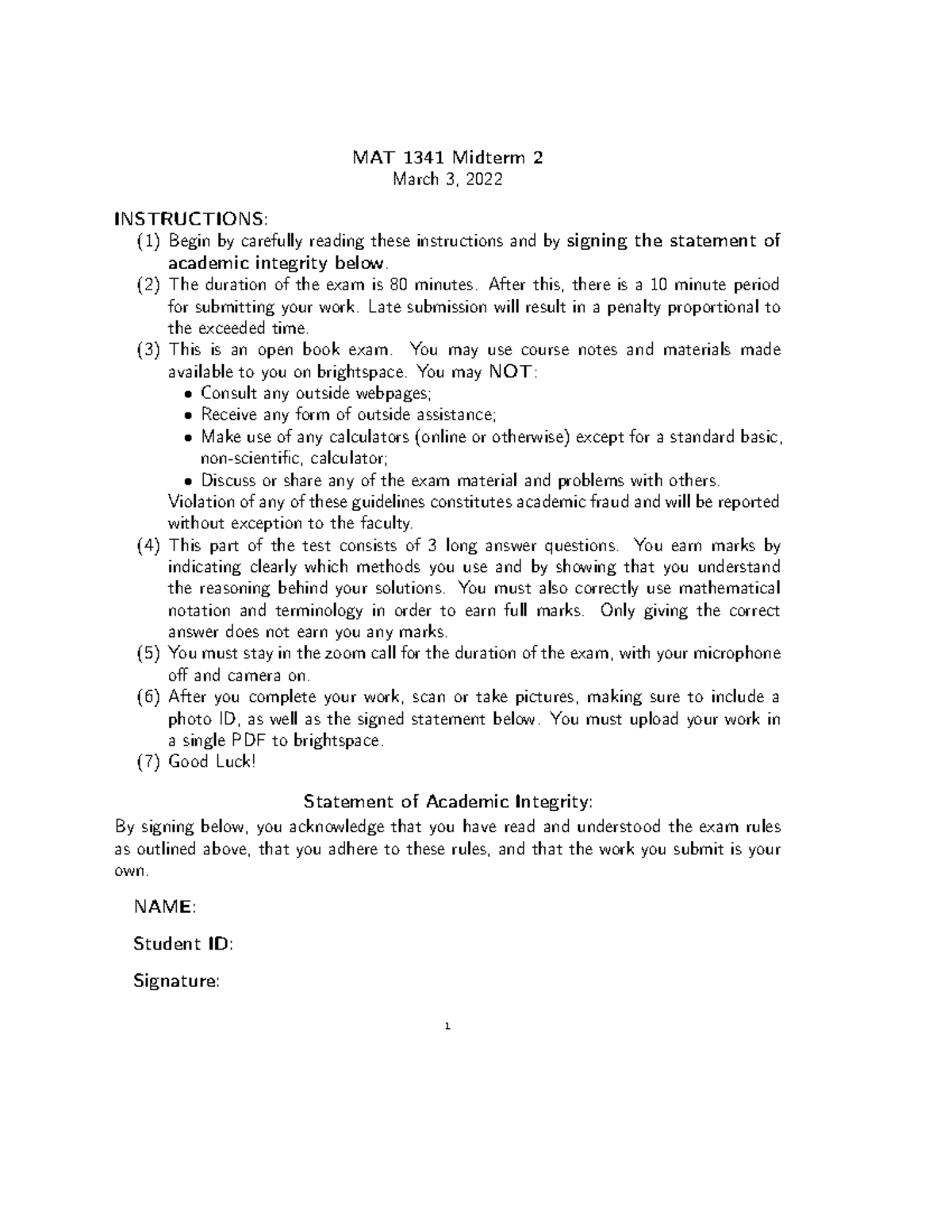 M2V2 - Midterm 2 pratice exam - MAT 1341 Midterm 2 March 3, 2022 INSTRUCTIONS: (1) Begin by ...