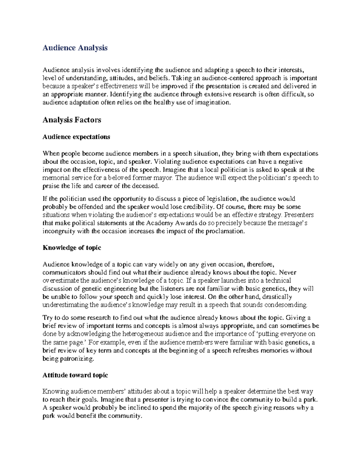 Audience Analysis - Audience Analysis Audience analysis involves ...