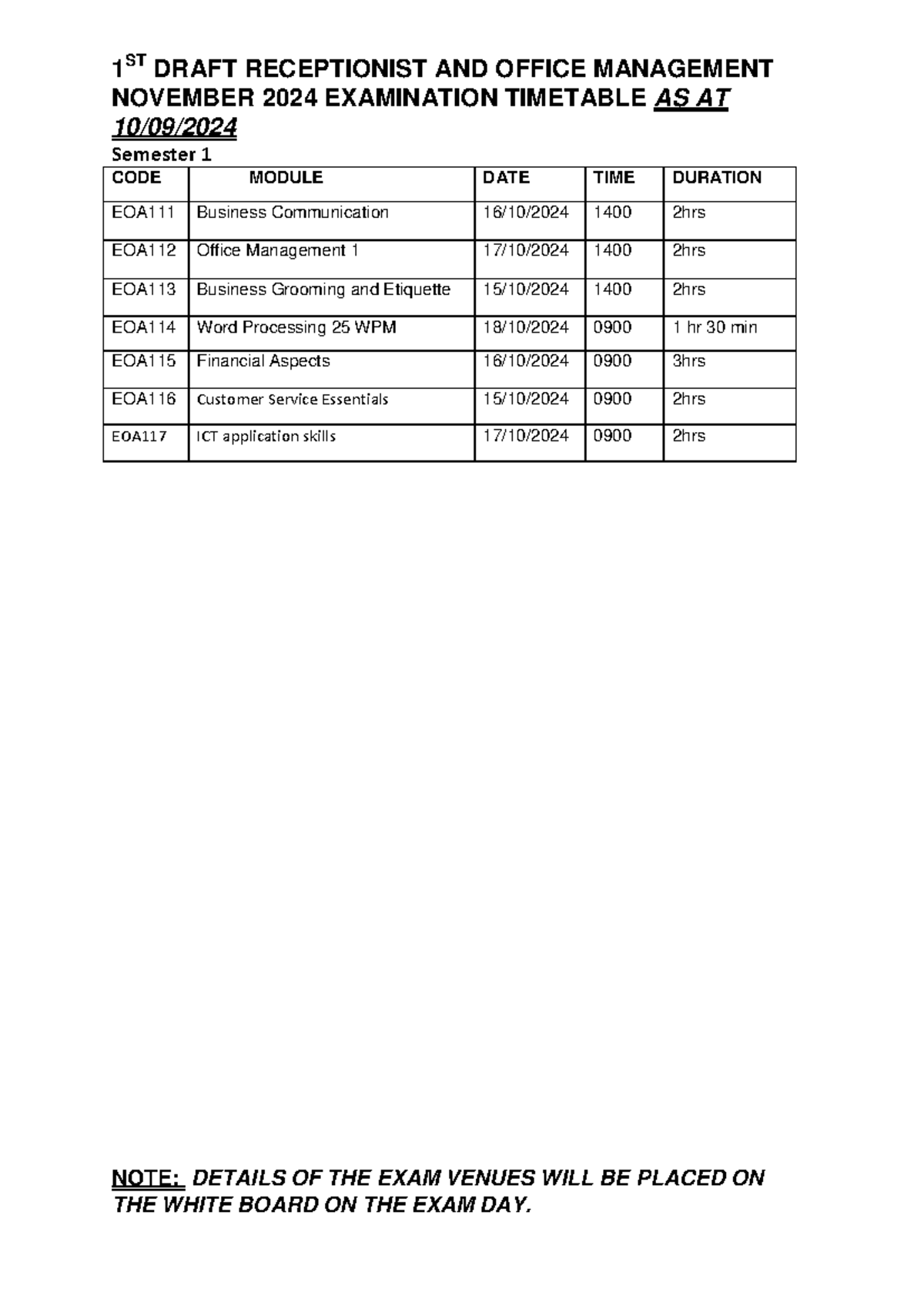1ST Draft Receptionist AND Office Management November 2024 Examination ...
