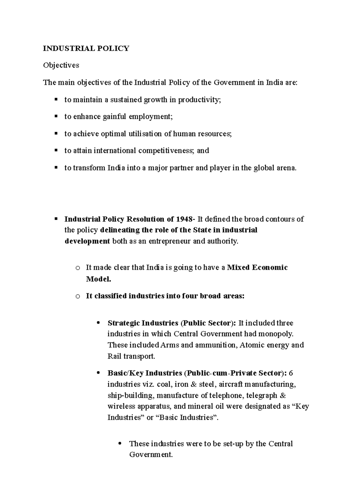 Industrial Policy - Industrial Policy Resolution of 1948 - It defined ...