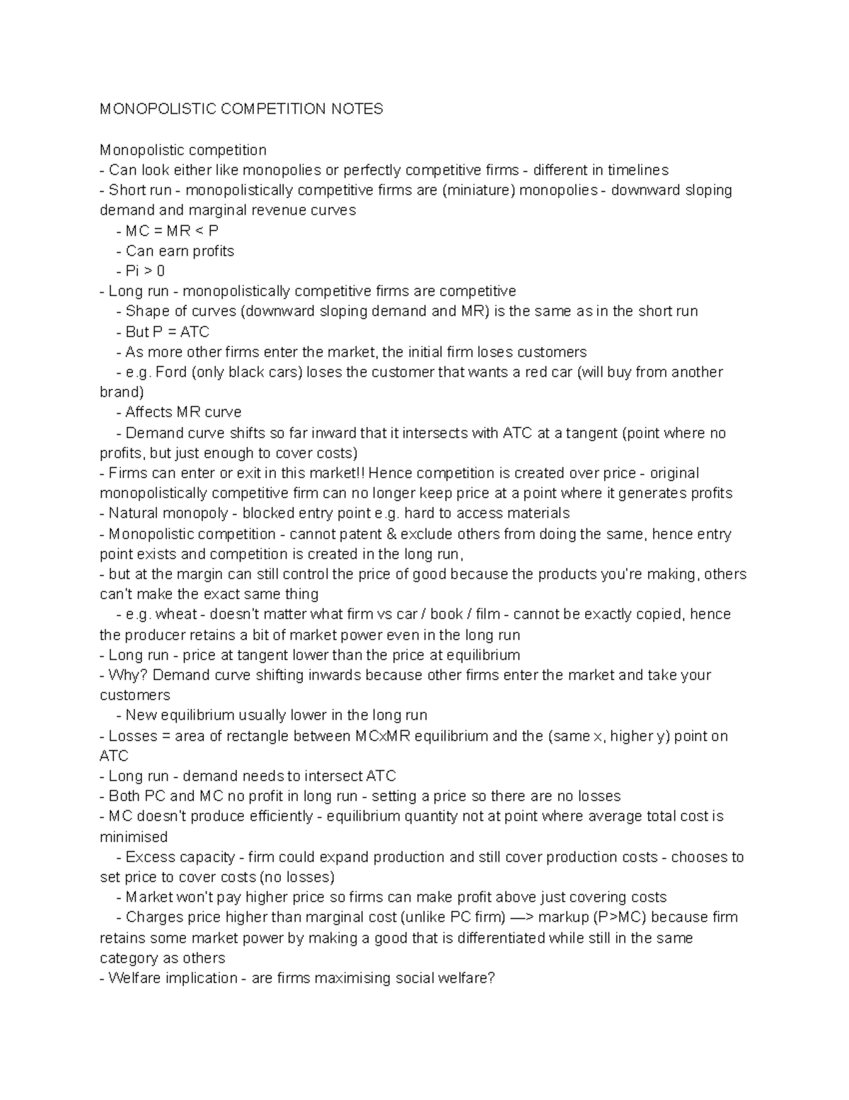 Monopolistic competition notes - MONOPOLISTIC COMPETITION NOTES ...