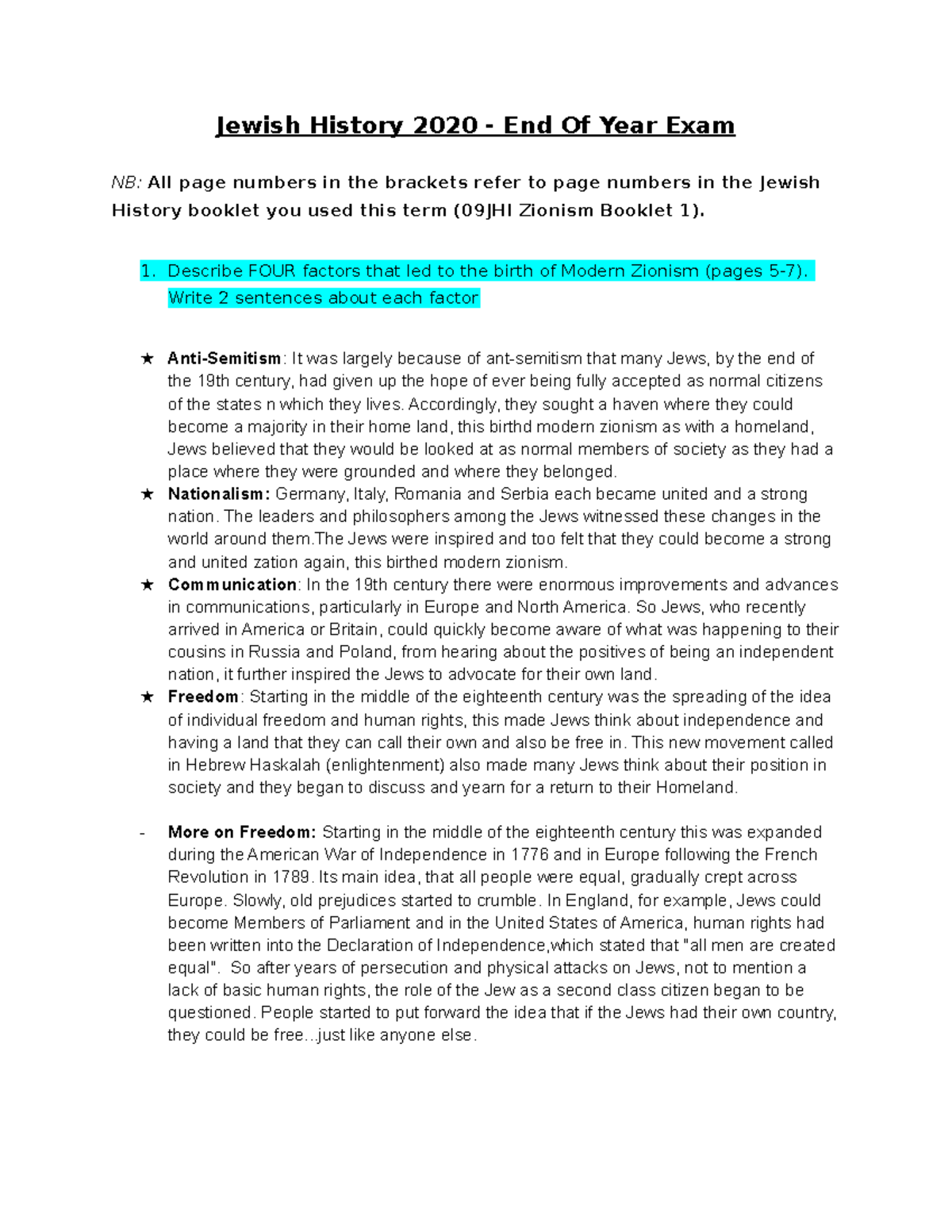 Jewish History EOY Exam Notes - Jewish History 2020 - End Of Year Exam ...