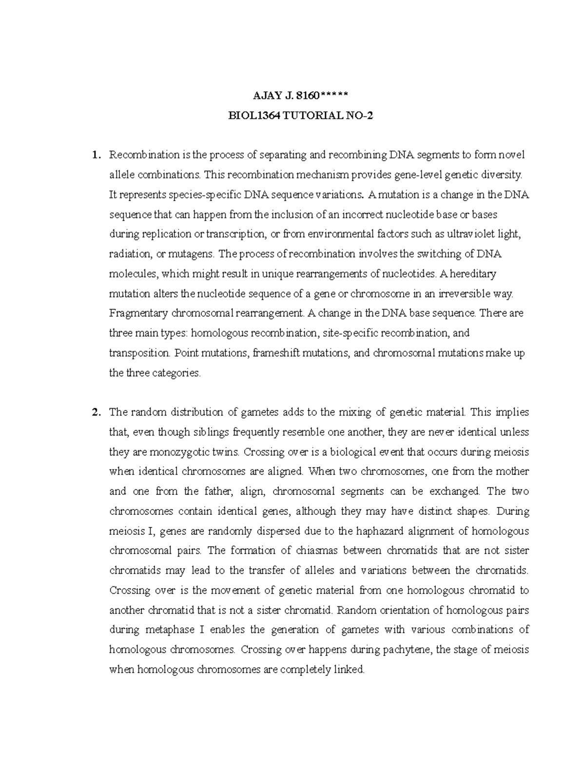 BIOL 1364 Tutorial 2 Meiosis, Mendelian ratios and probability 2023 ...