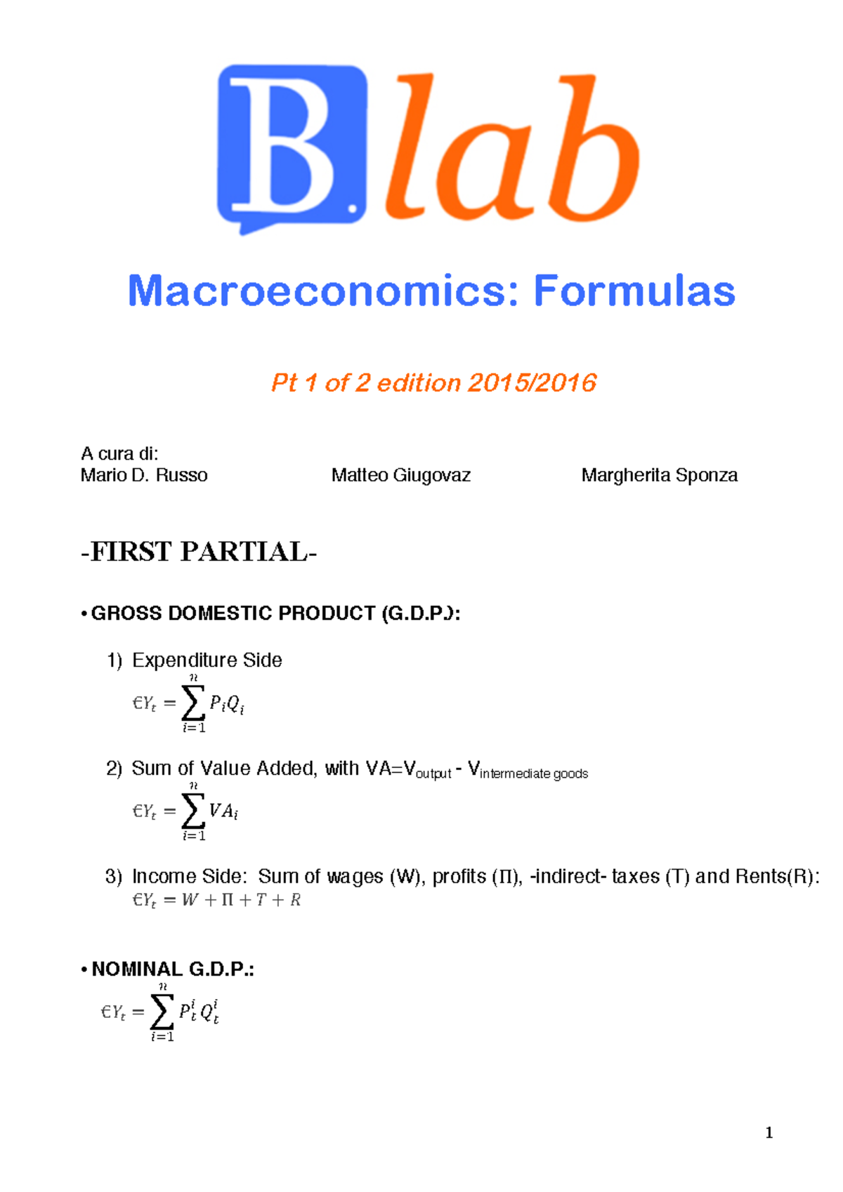 Macroeconomics Formulas 15-16 blab 1 - Macroeconomics: Formulas Pt 1 of ...