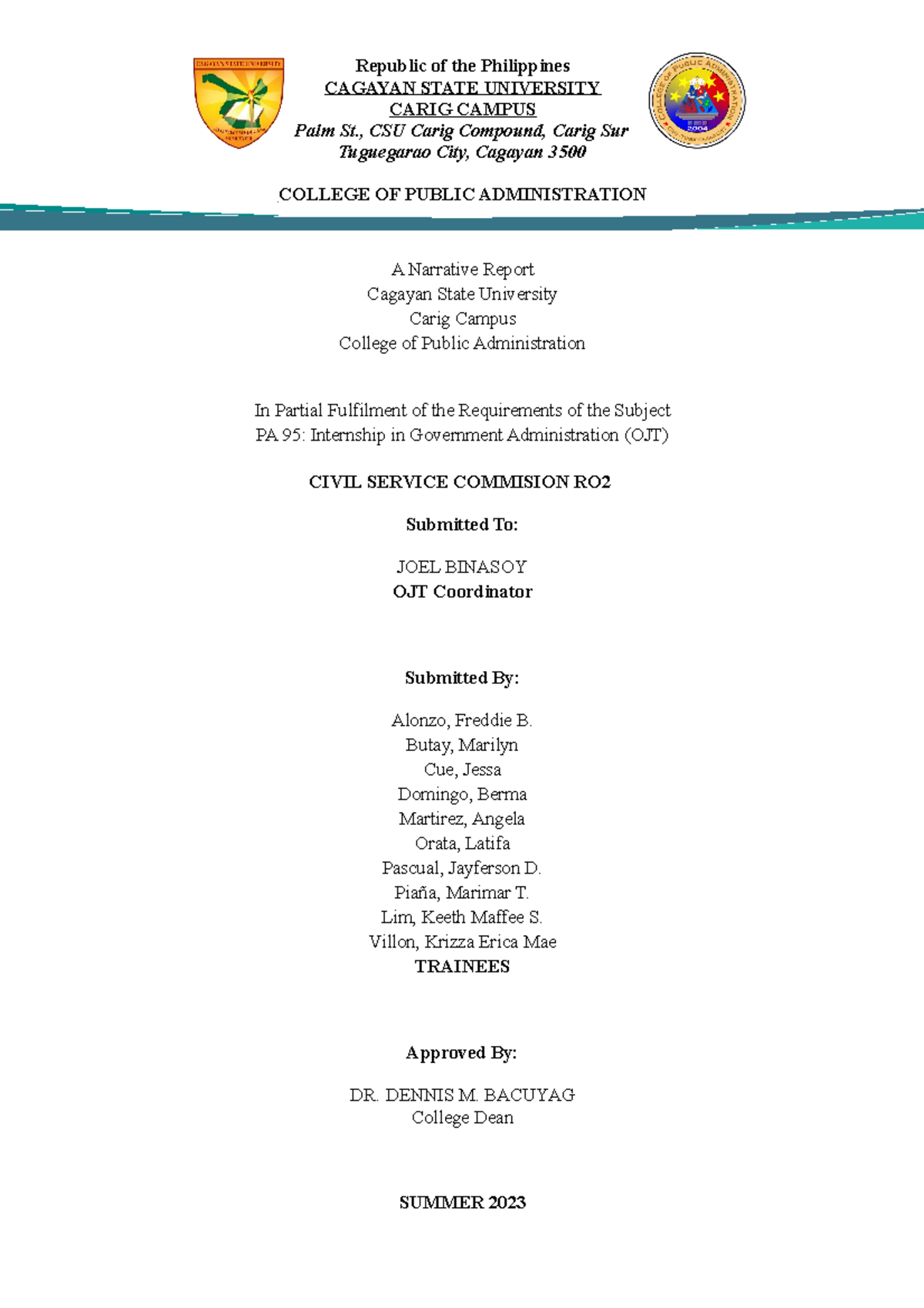 CSC Narrative Report - eshrwige - CAGAYAN STATE UNIVERSITY CARIG CAMPUS ...