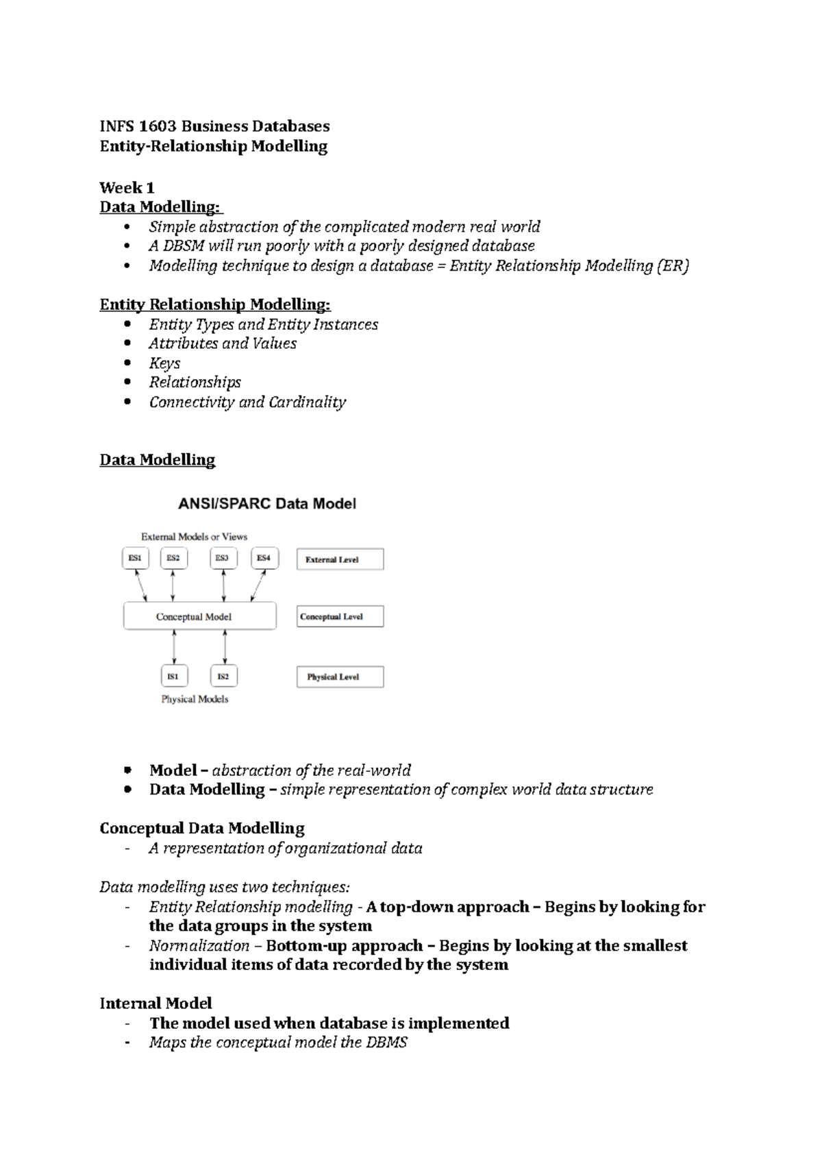 INFS 1603 - Business Databases - INFS 1603 Business Databases Entity-Relationship Modelling Week ...