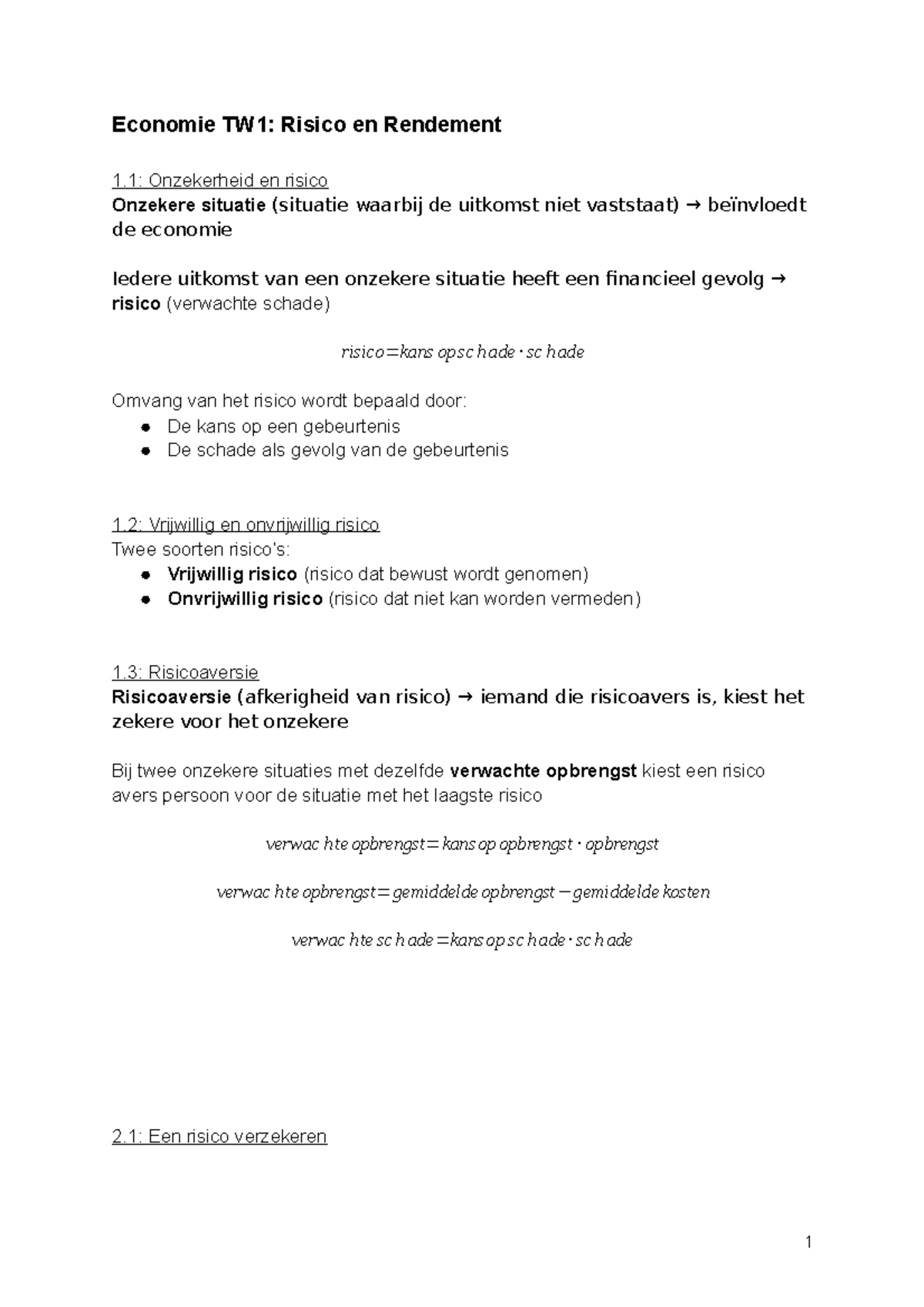 Economie TW1 Risico en Rendement - Studeersnel