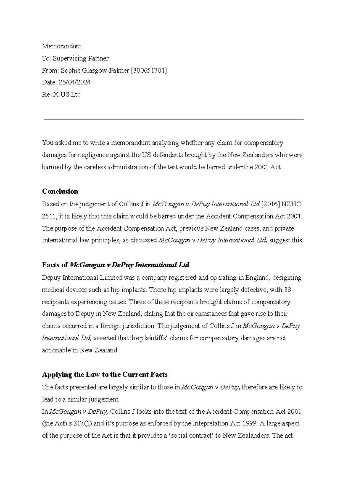 300651701 LAWS 212 - Example of tutorial assignment 1 - Memorandum To ...