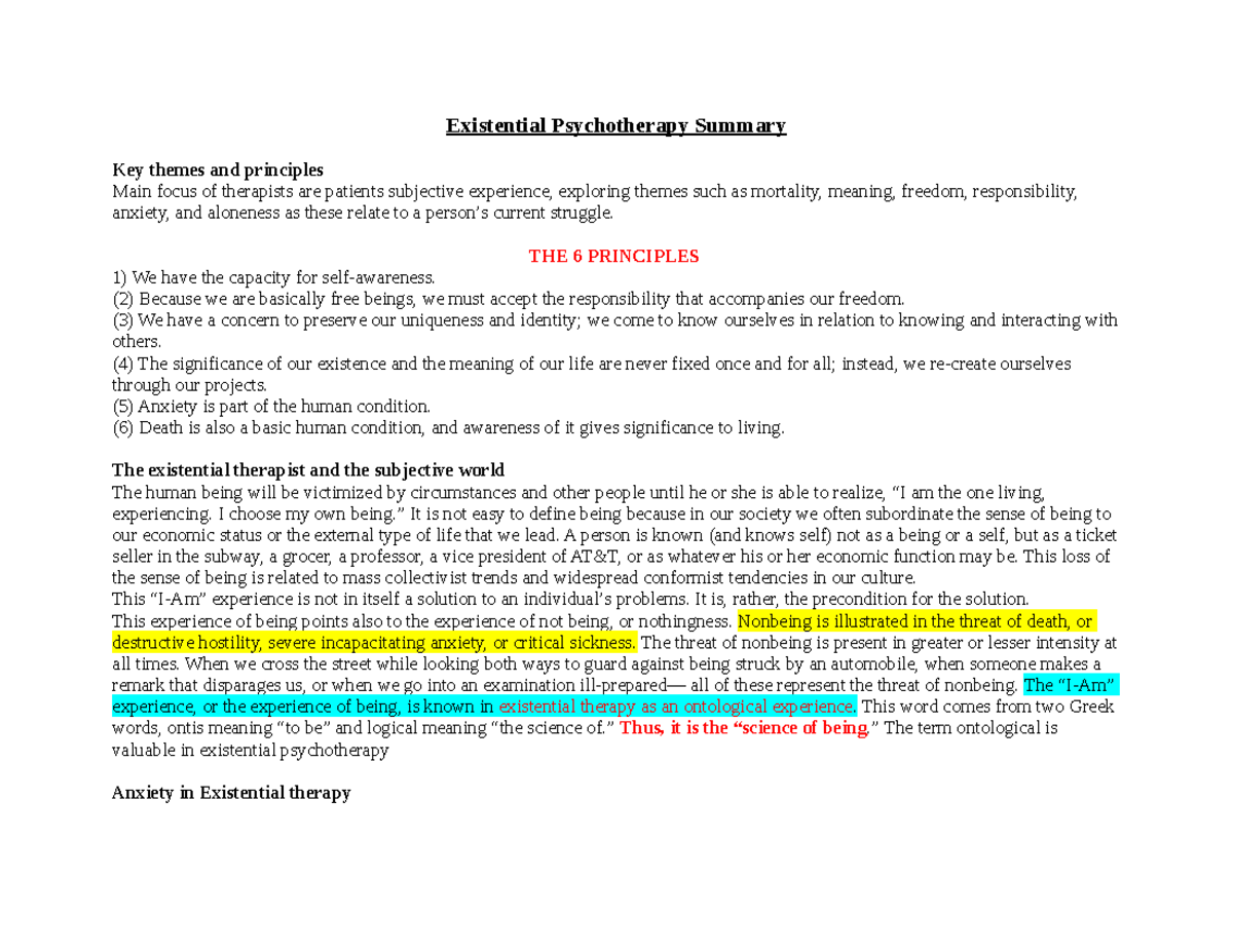 527 midterm study guide - Existential Psychotherapy Summary Key themes ...