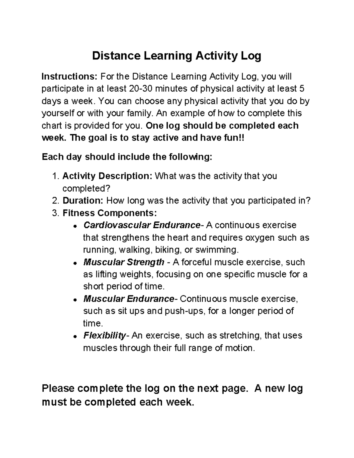 - Weekly Fitness Log Distance Learning Fall 2020-2 - Distance Learning ...