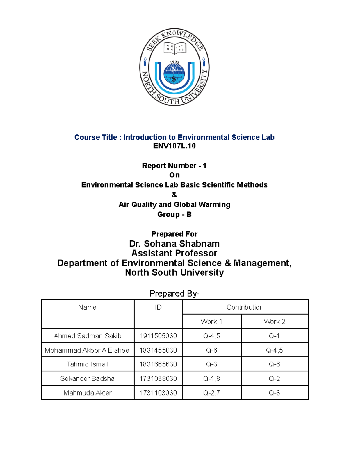 Env 107 L Final comp - ENV lab report - Course Title : Introduction to ...