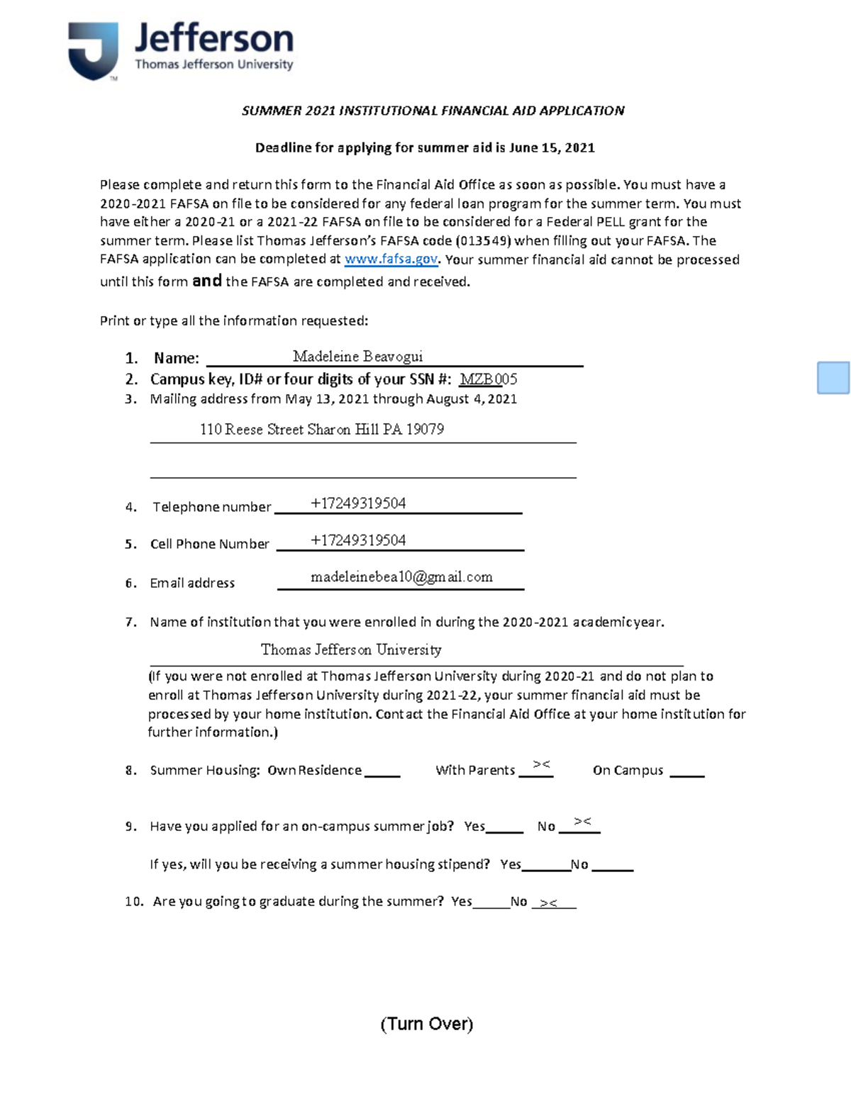 Summer 2021 Financial AID Application -DOC[68] copy - SUMMER 2021 ...