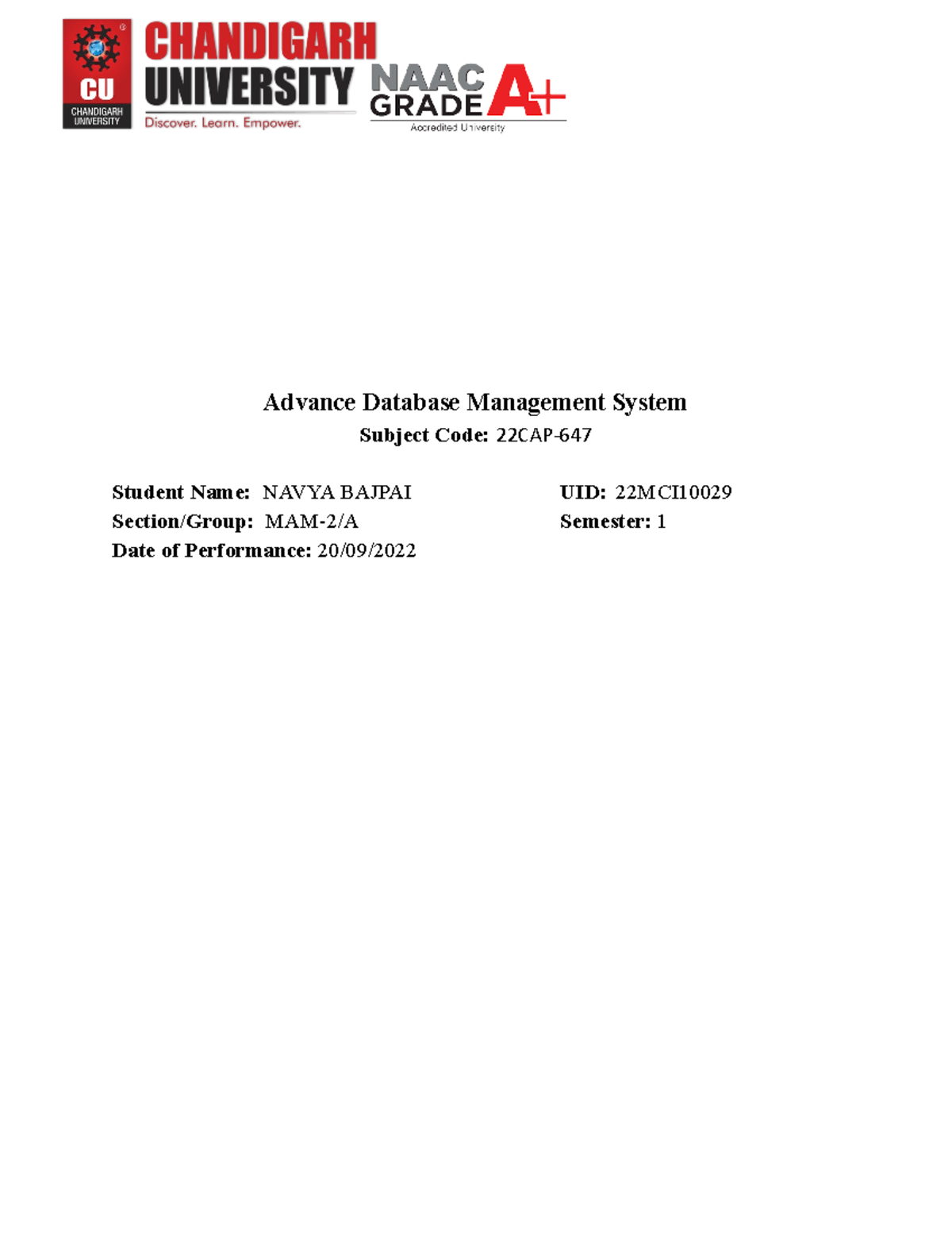 22MCI10032 experiment 1 1 cu adbms - Advance Database Management System TABLE OF CONTENTS:- 1 ...