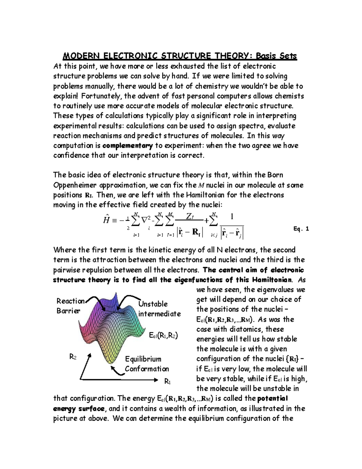 Modern Electronic Structure Theory Basis Sets Modern Electronic