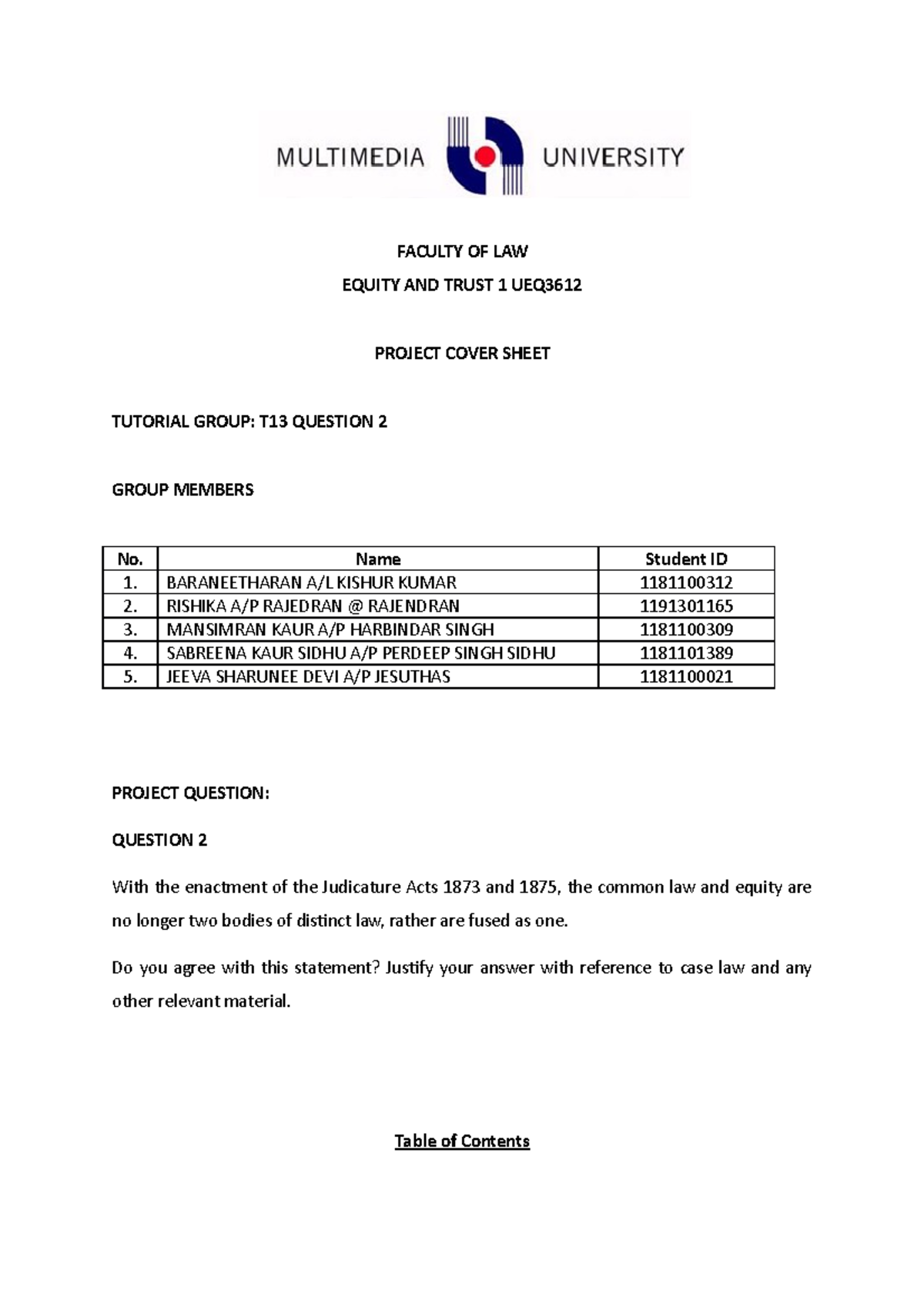 T13 Q2 Final - tutorial - FACULTY OF LAW EQUITY AND TRUST 1 UEQ PROJECT ...