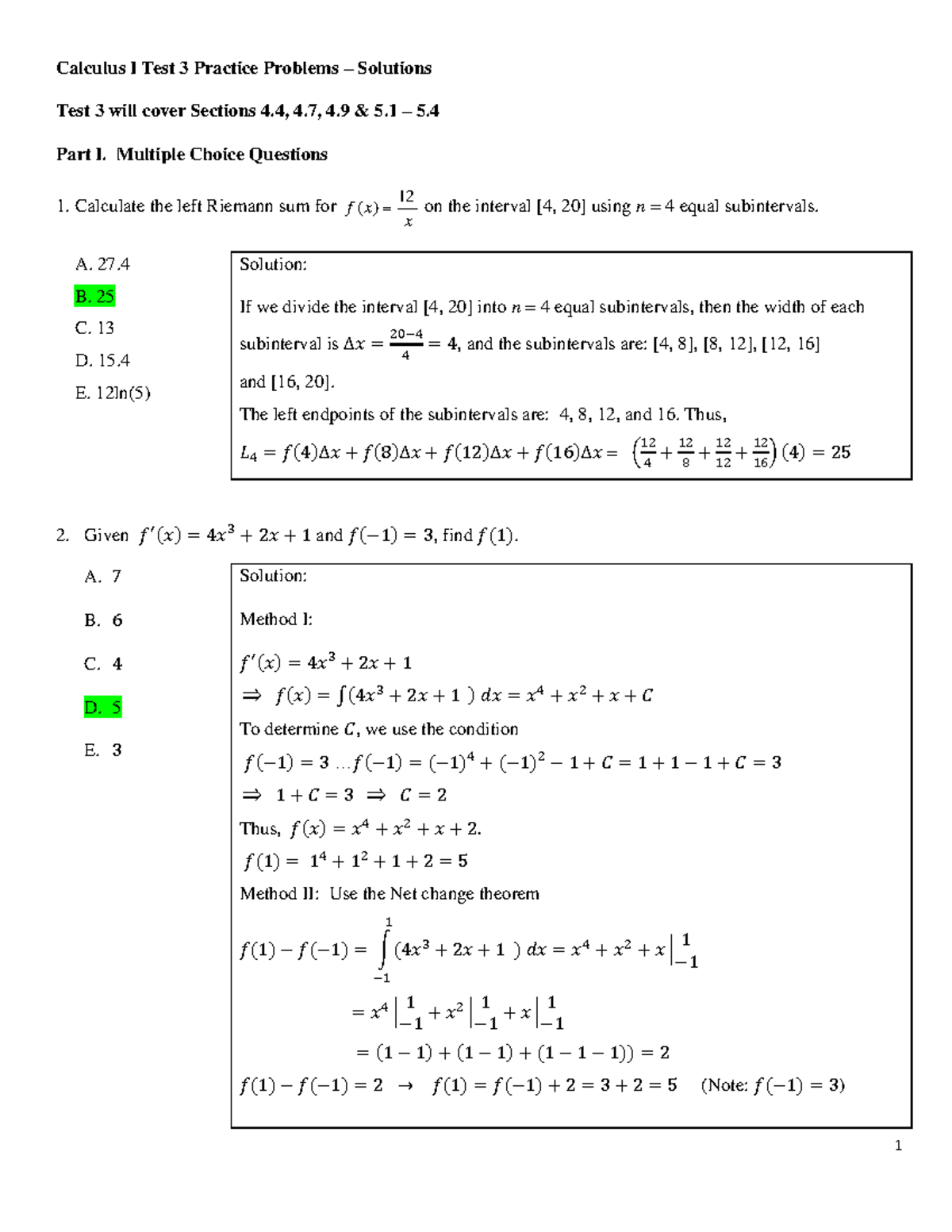Test 3 Practice Problem Solutions - Calculus I Test 3 Practice Problems ...