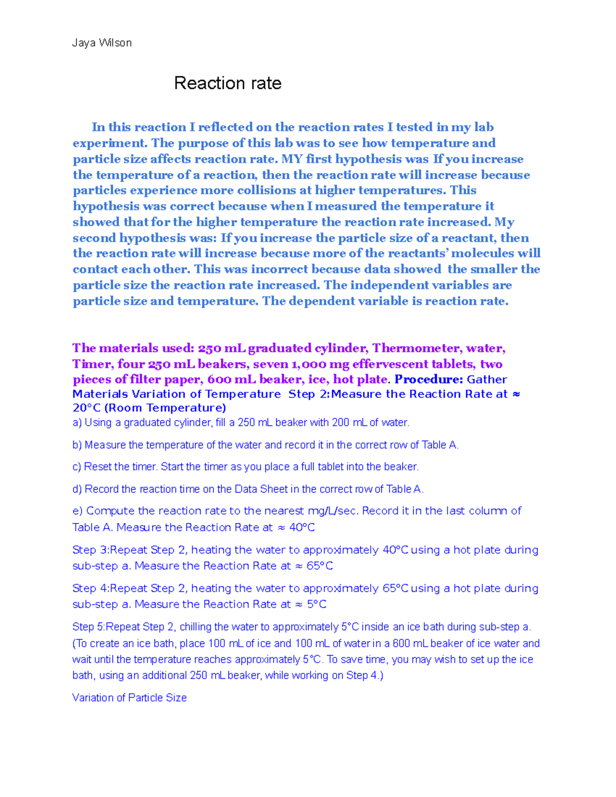 Reaction rate lab - a form of written composition that presents a ...