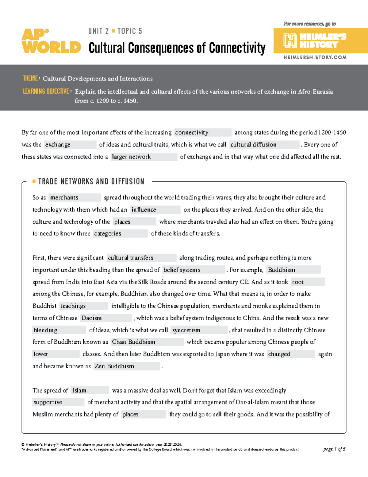 AP World Unit 2 Topic 5 Noteguide Answer Key - Cultural Consequences of ...