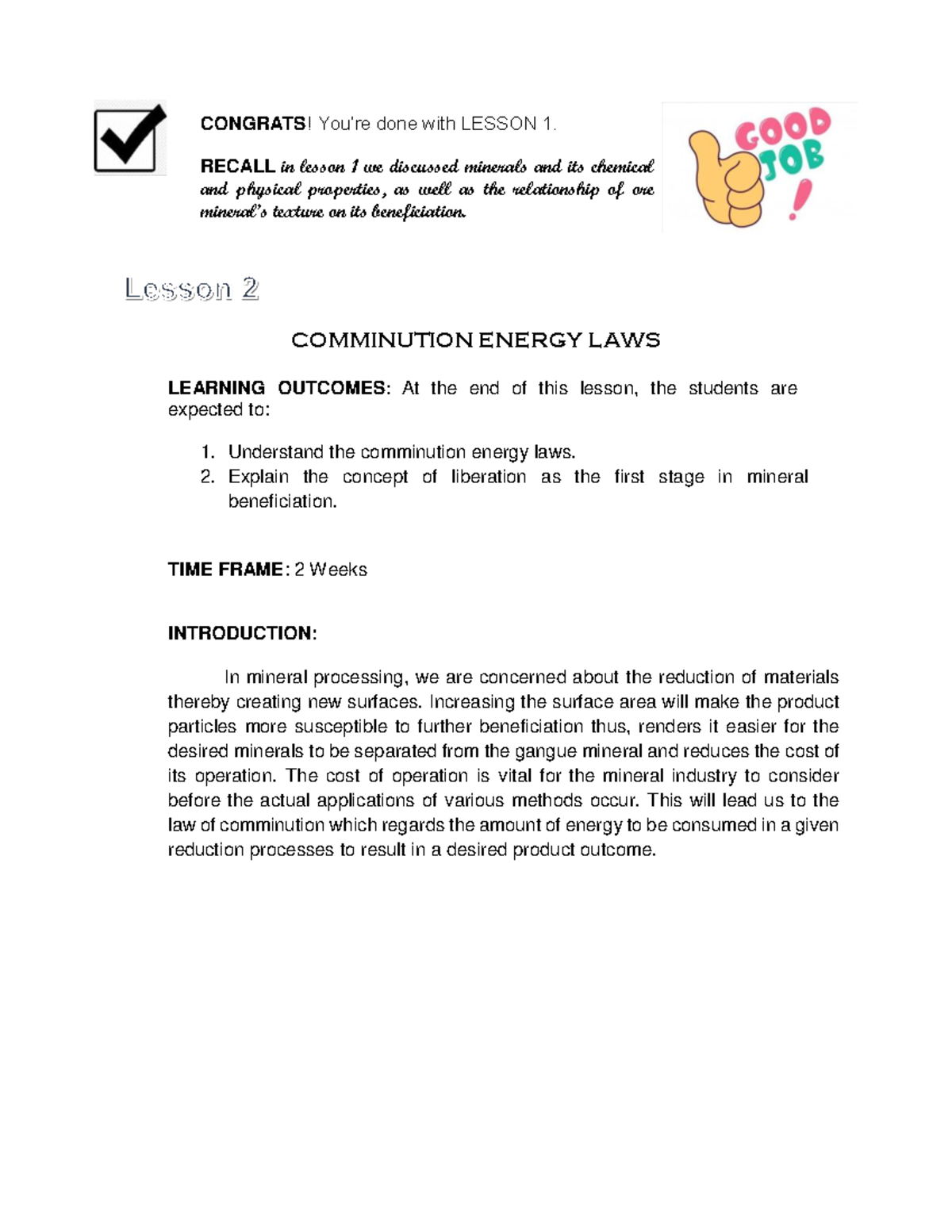 Topic 3 - Mineral Engineering - Lecture Notes - CONGRATS! You’re done ...