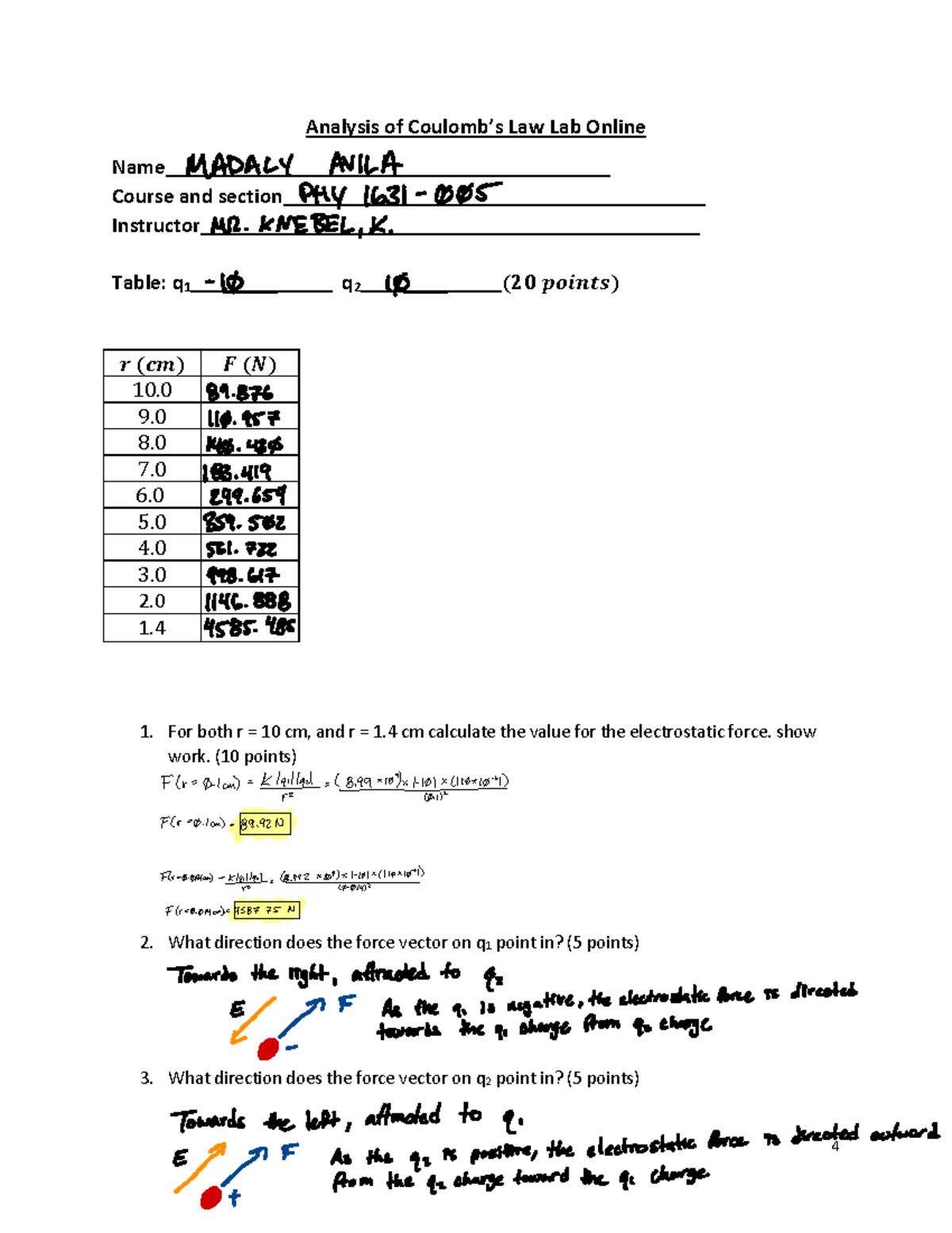 Fall2023 Coulombs Law Lab Online - 4 Analysis of Coulomb’s Law Lab ...