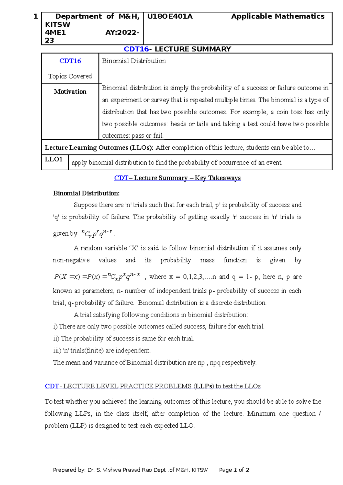 CDT16 Unit 2 Binomial Distribution - 1 Department of M&H, KITSW 4ME1 AY ...