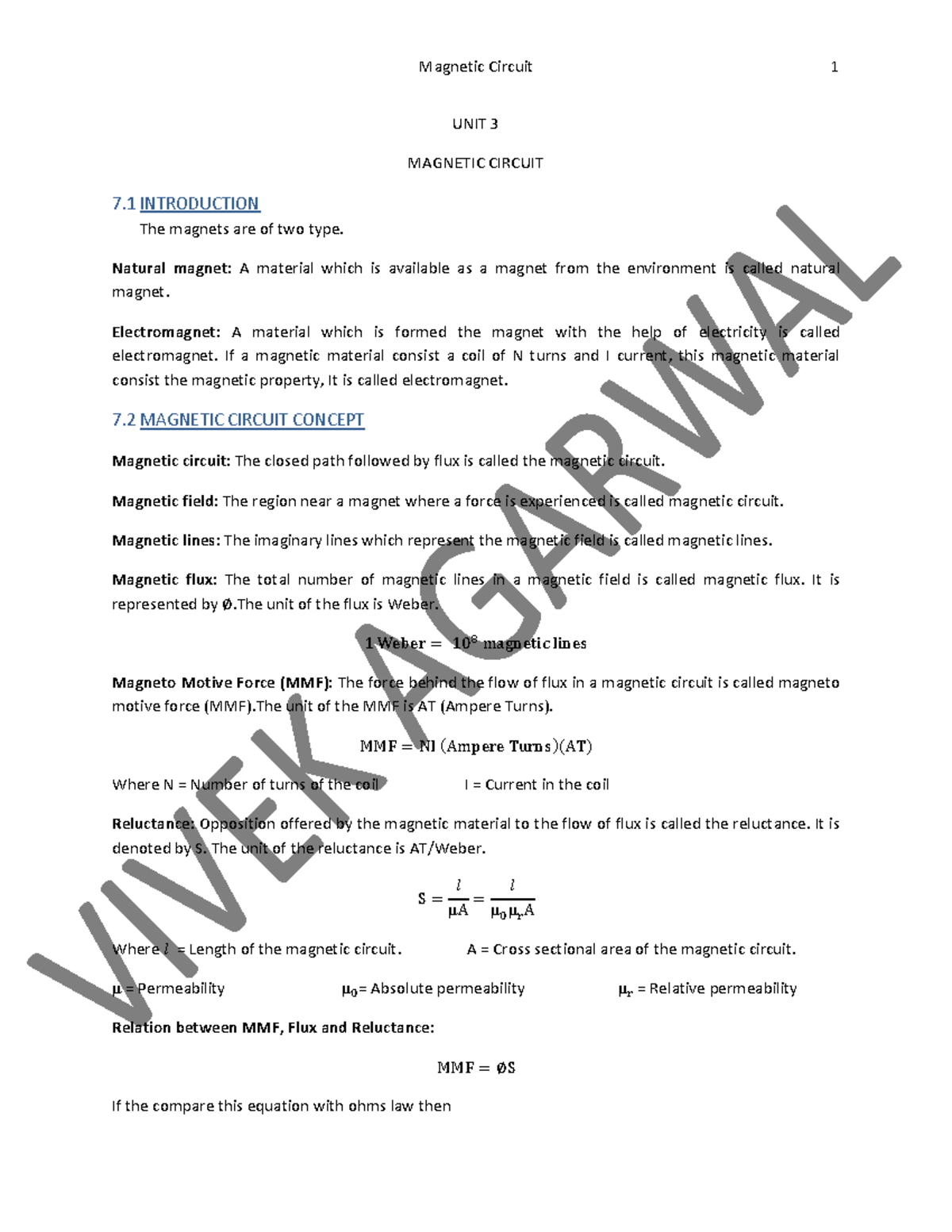 Magnetic circuit - notes - UNIT 3 MAGNETIC CIRCUIT 7 INTRODUCTION The ...