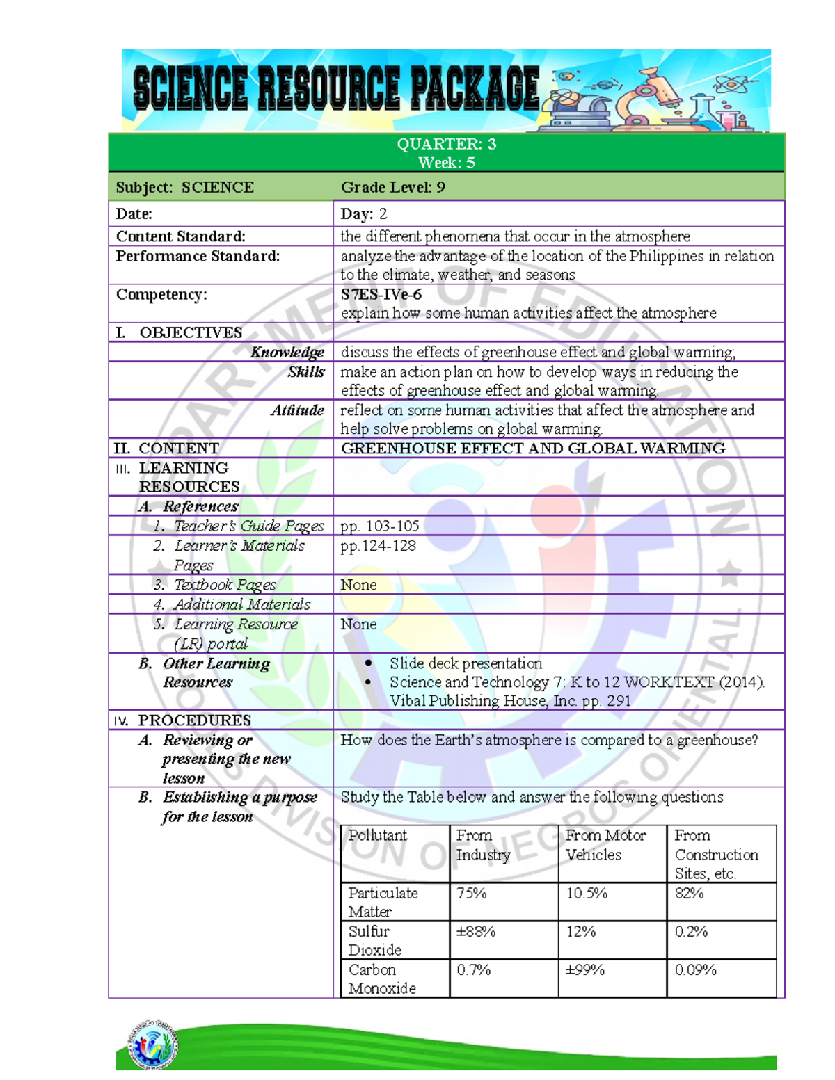 DLP SCI 7 4QTR W5 D2 - Lesson plan for science 7. - QUARTER: 3 Week: 5 ...
